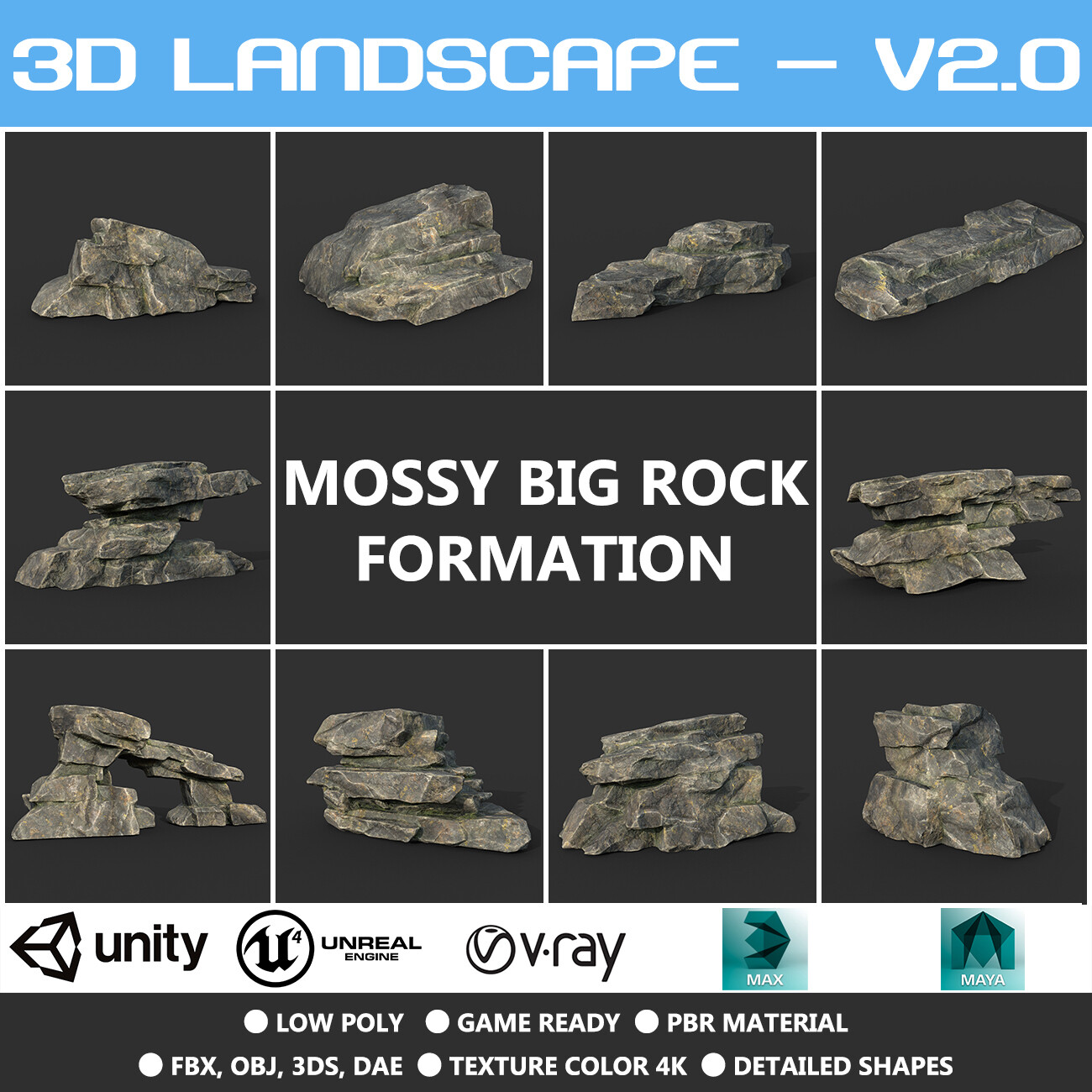 ArtStation - Low poly Big Rock Formation 200928 - Mossy
