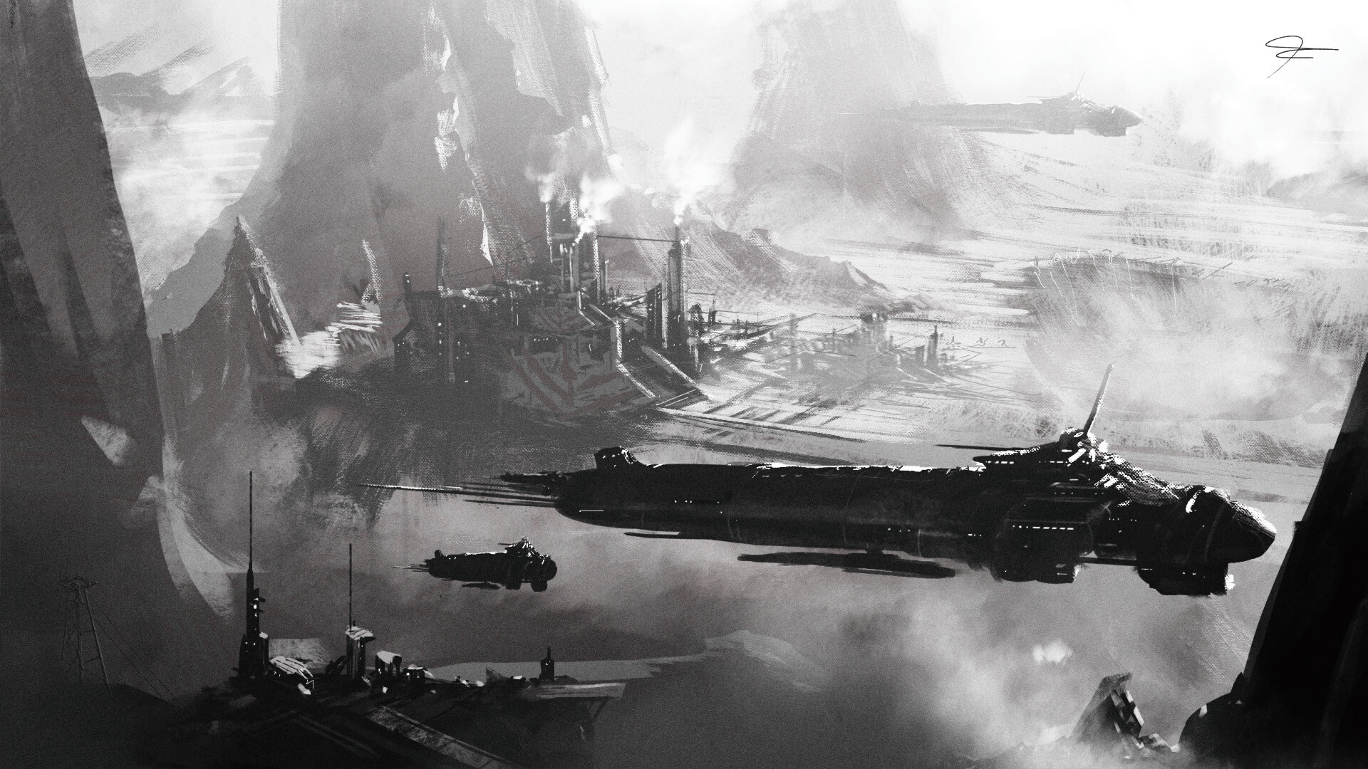 ArtStation - Environment sci-fi sketch of the day with big spaceship