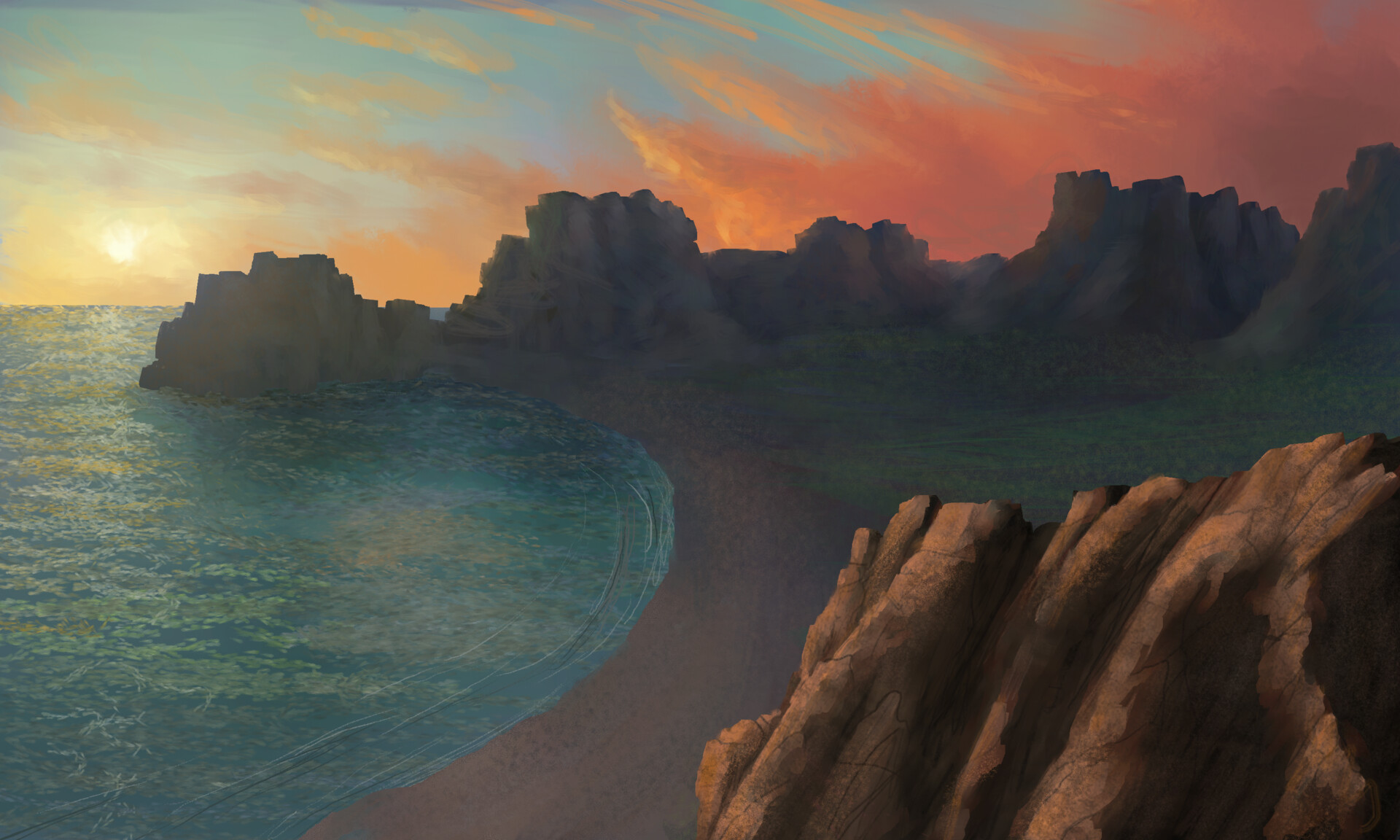 ArtStation - Sunset over the bay