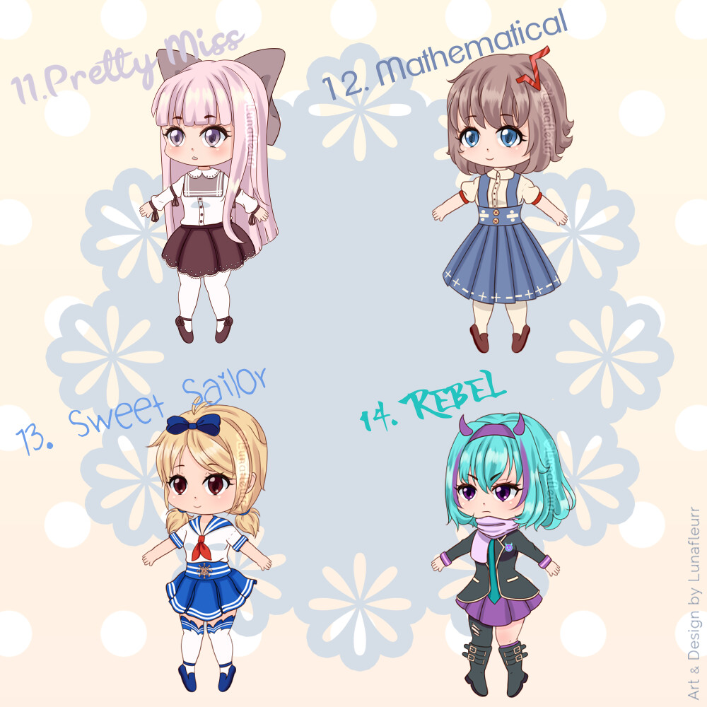 ArtStation - [1/4 OPEN] Adoptable OCs 11 - 14 - School Girls
