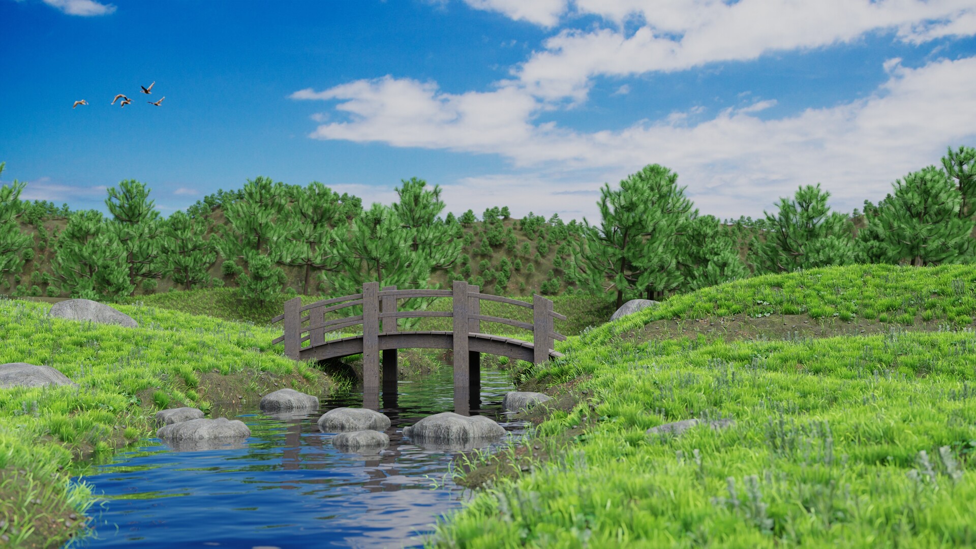 ArtStation - River Nature Scene with Bridge