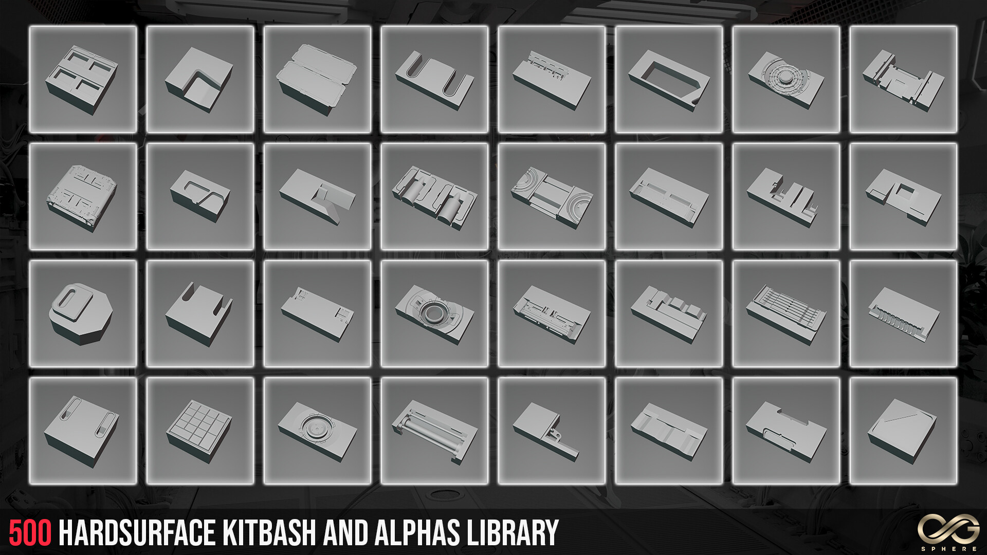 CG Sphere - 500 Hardsurface Kitbash And Alphas Library