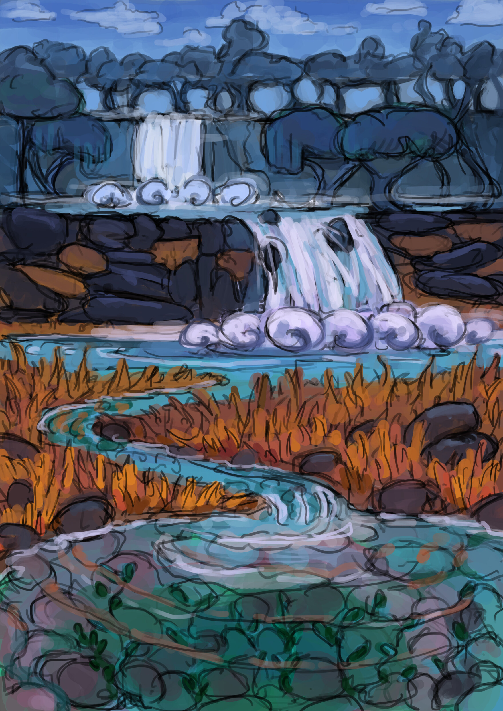 ArtStation - Different sketches of waterfalls