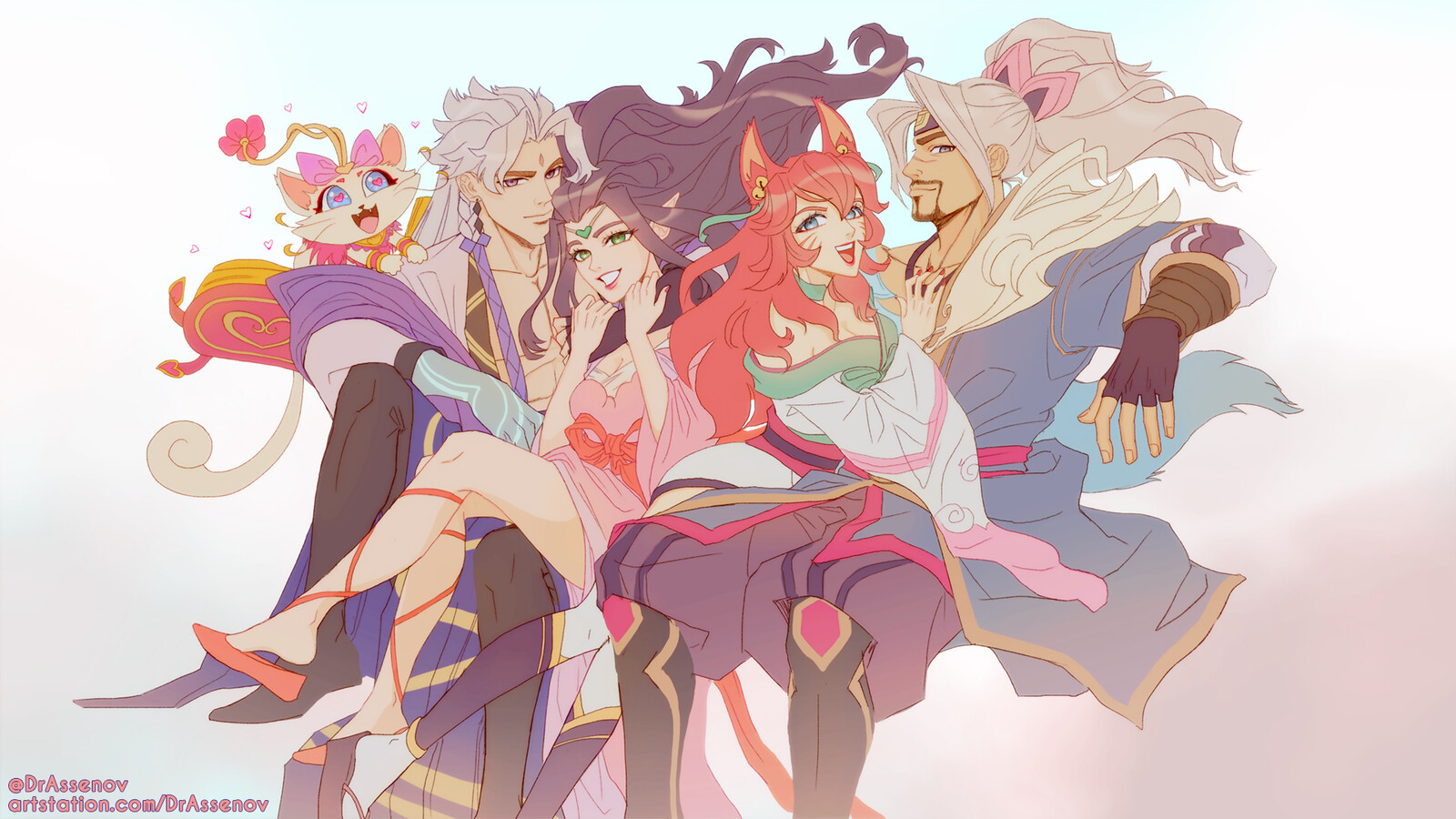 Yone, Yasuo, Janna, Ahri and Yuumi group fan art! [OC] : r/YasuoMains