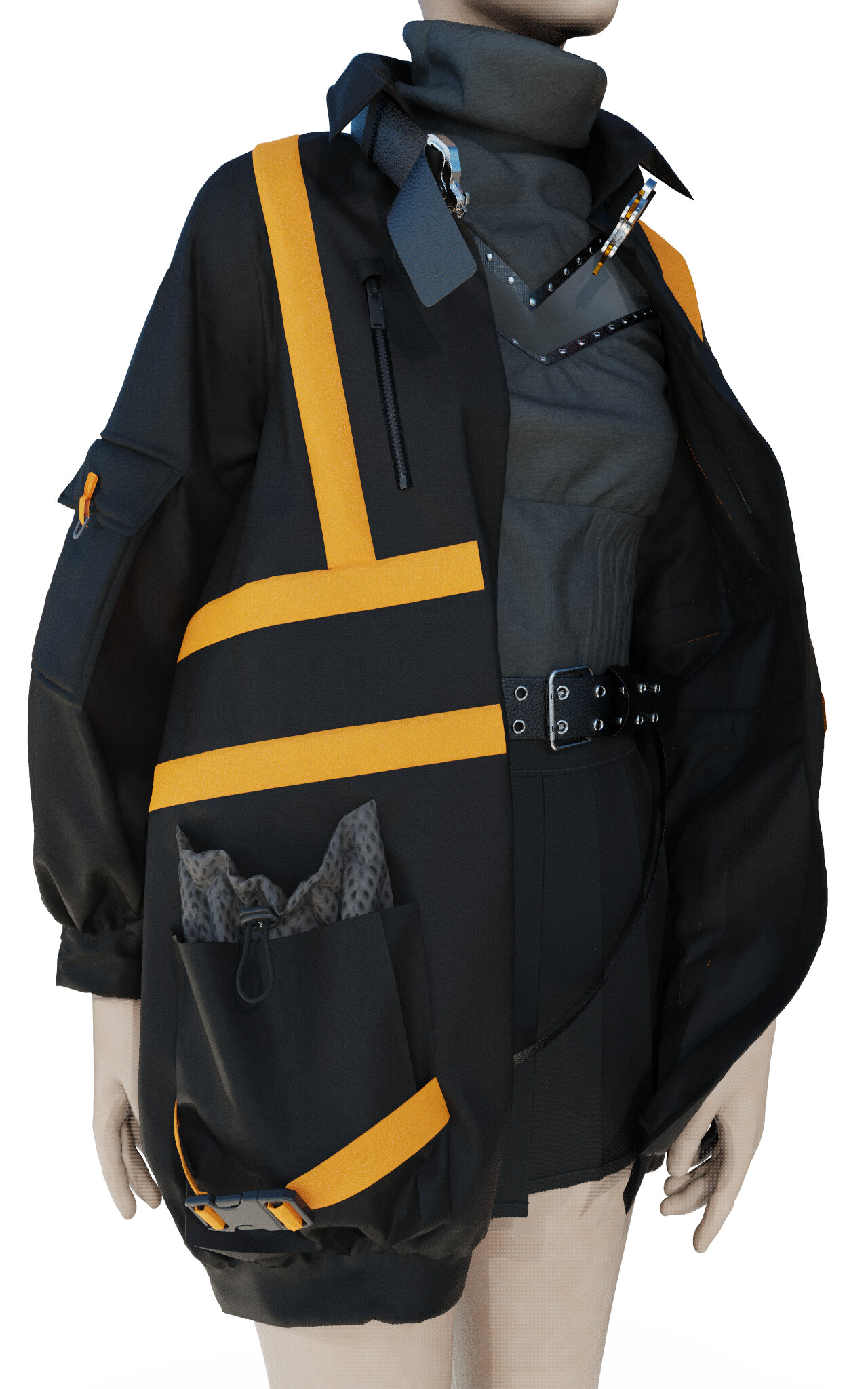 Elena Rybina - Female outfit: Jacket, Top, Pleated skirt with a belt