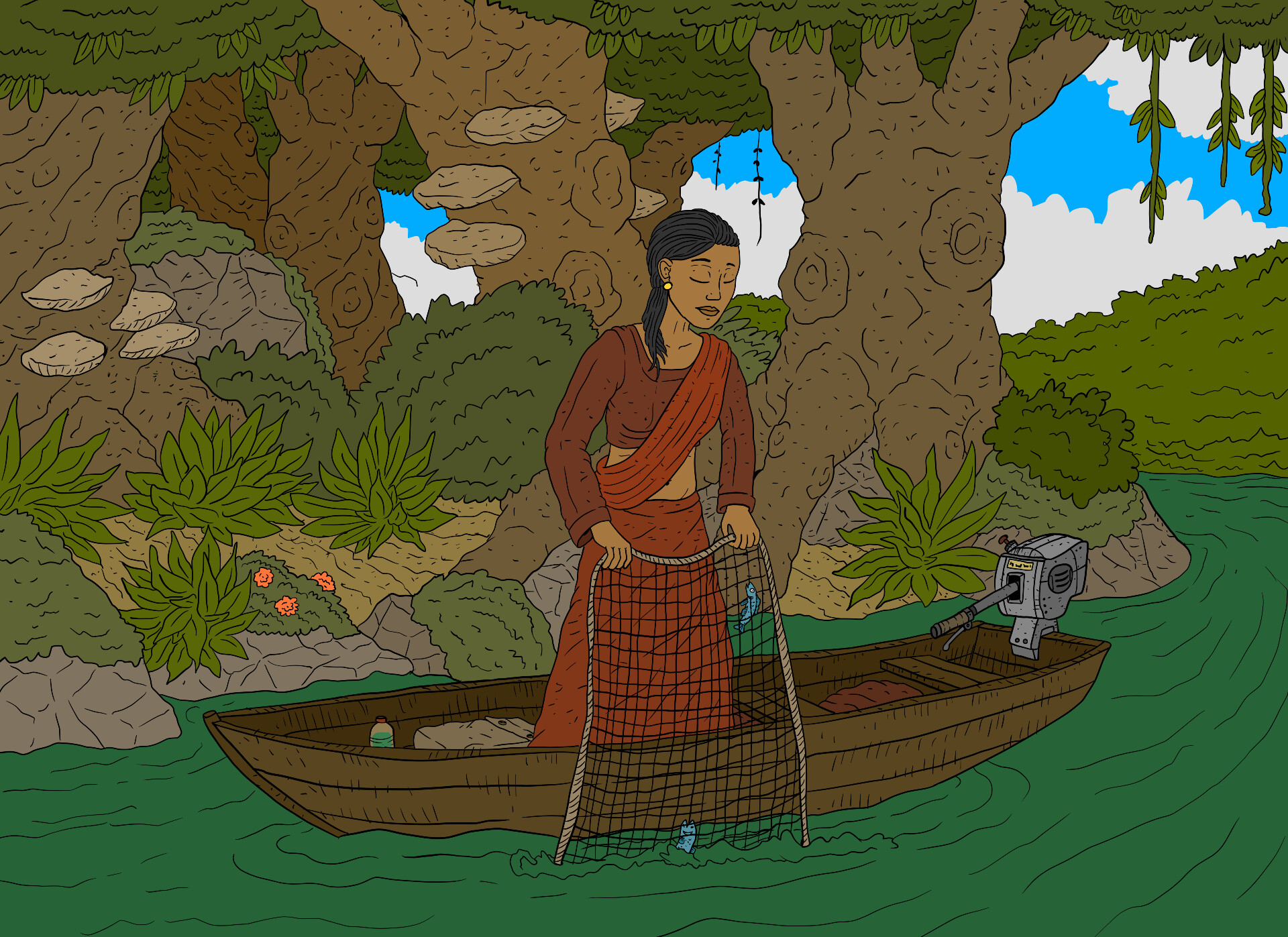ArtStation - fishing lady in india. tropical rainforest.