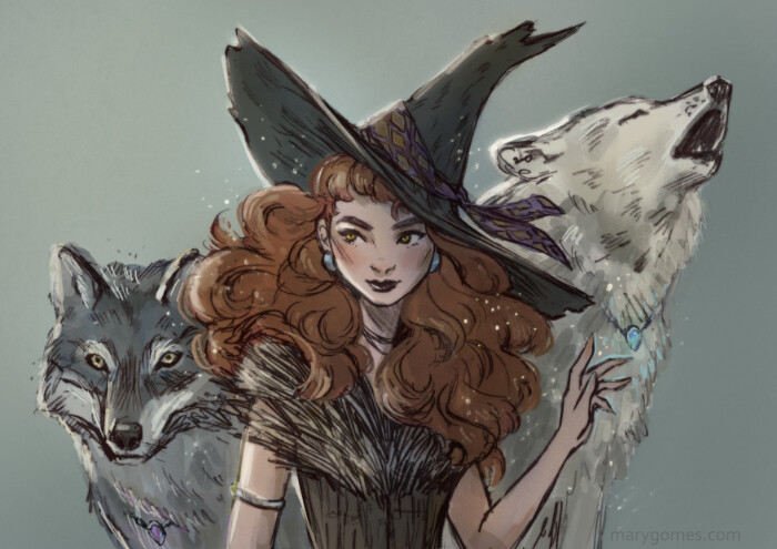ArtStation - Mysterious witch and her Wolf guardians