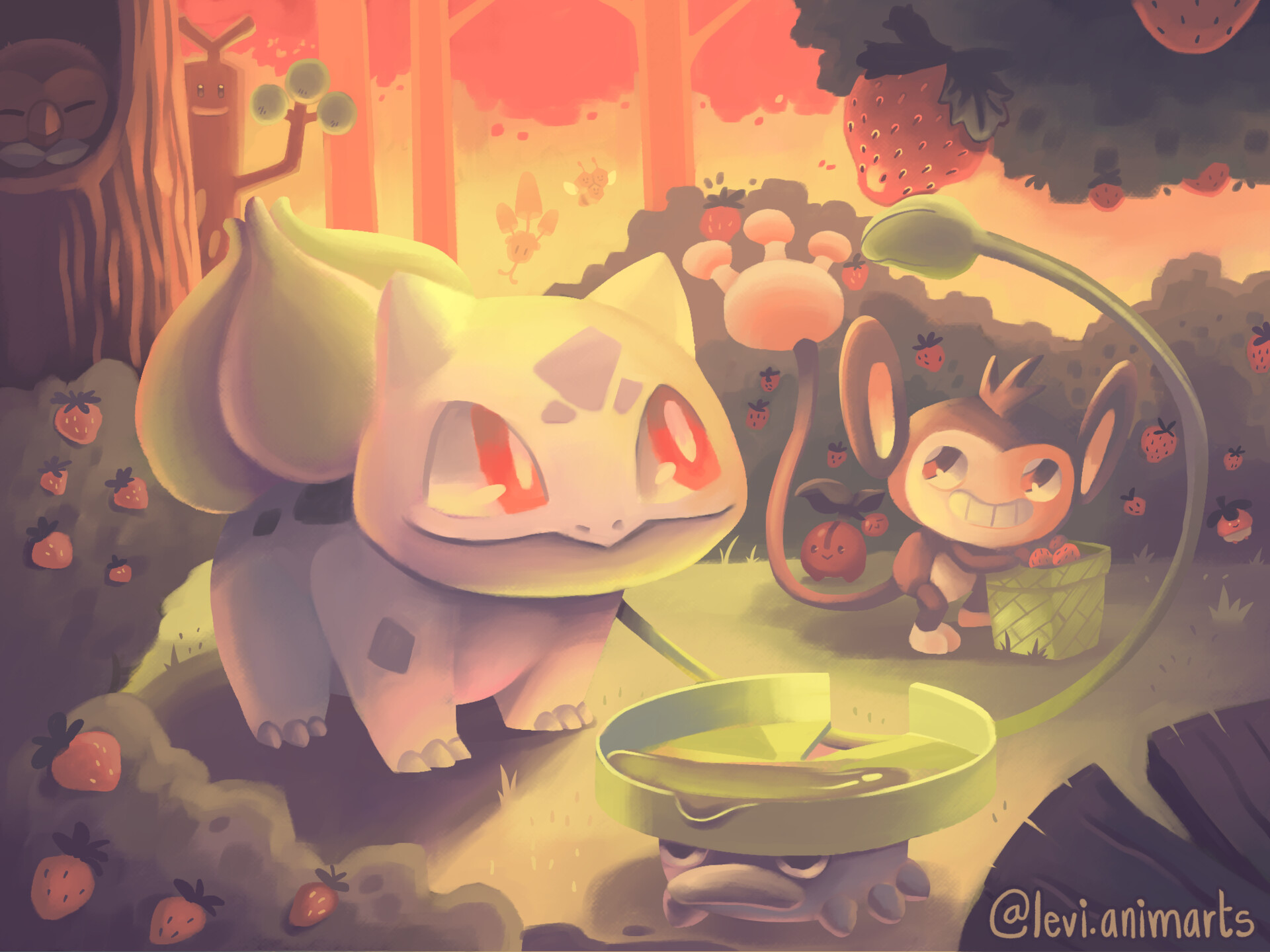 ArtStation - Bulbasaur and their friends harvesting strawberries.