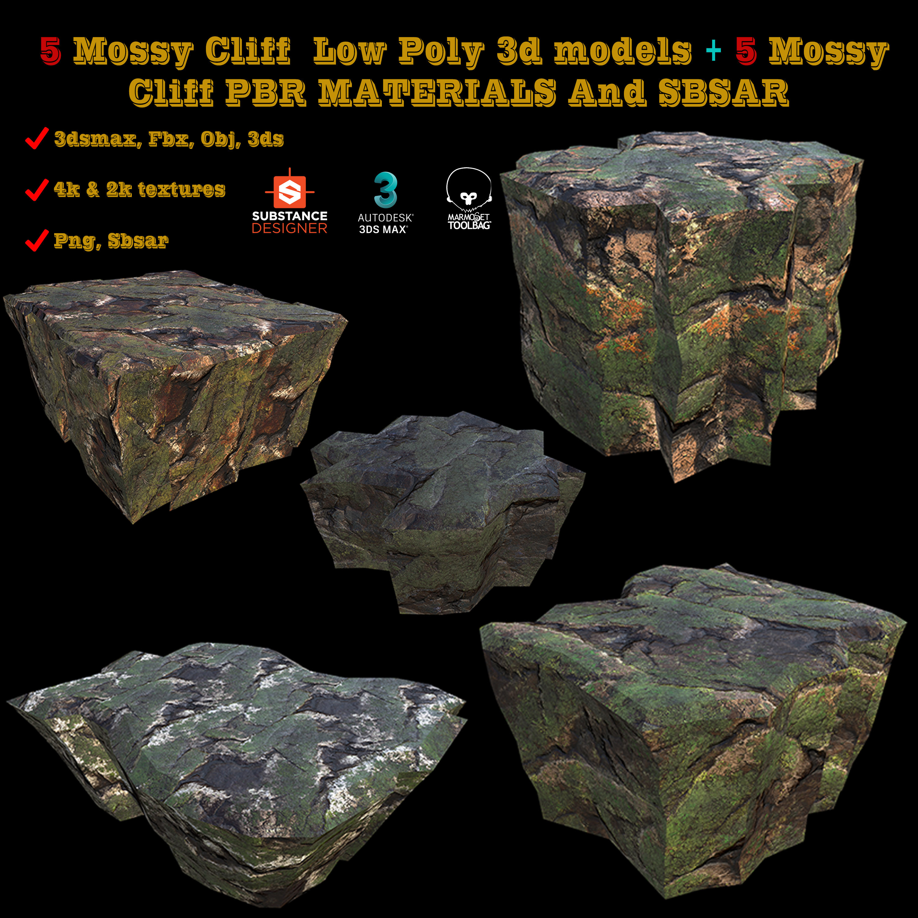 Rokviz Studio - 5 LOW POLY MOSSY CLIFF 3D MODELS + 5 MOSSY CLIFF PBR ...
