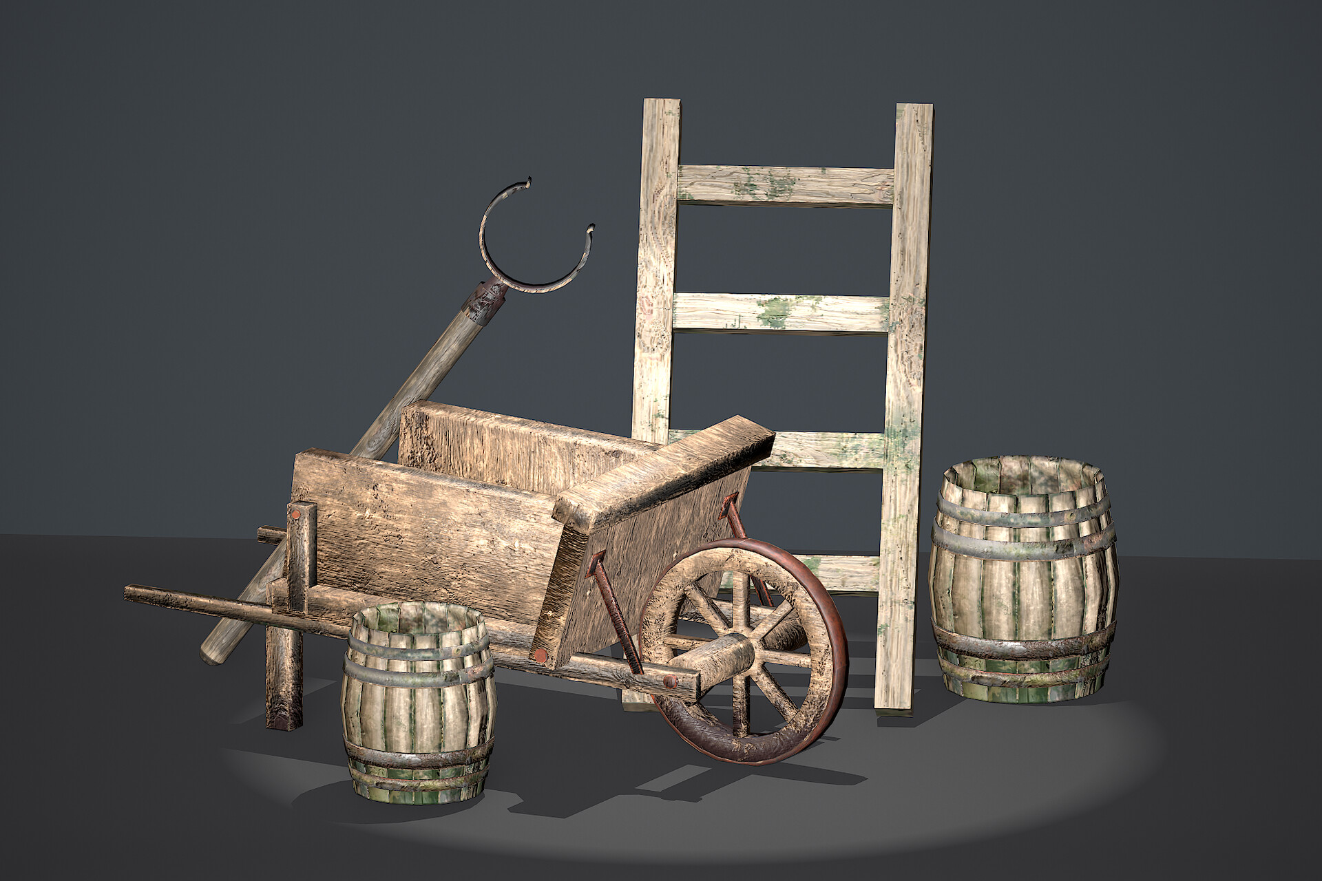 ArtStation - Medieval Game Props (wheelbarrow, ladder, barrel, grab)