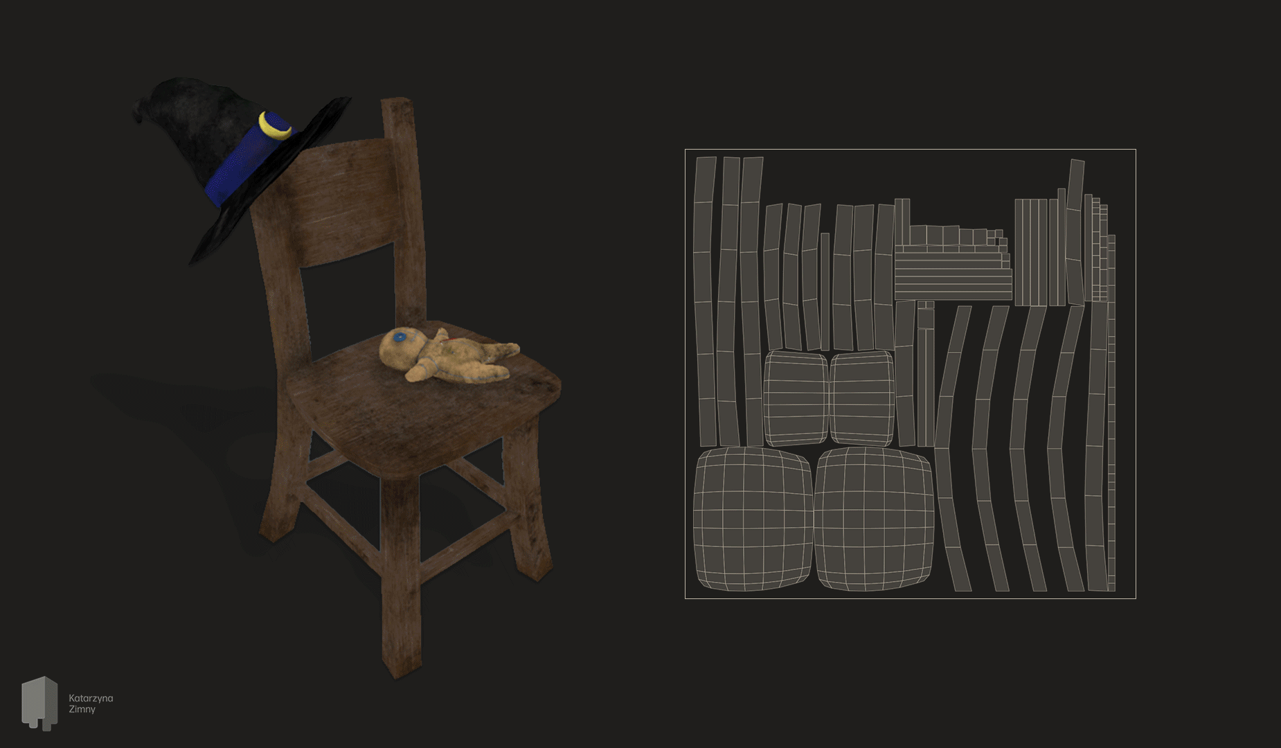 Katarzyna Zimny - Voodoo doll and witch hat on a chair