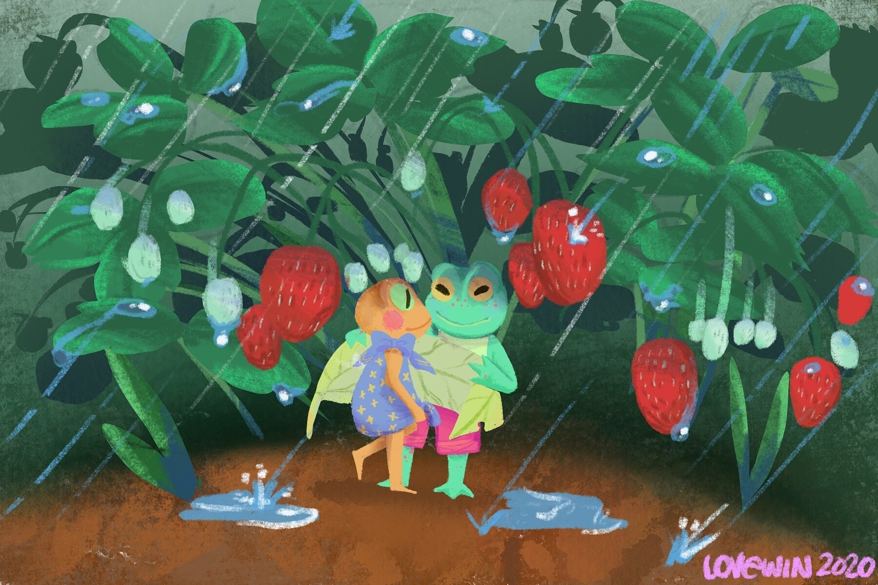 ArtStation - Frogs Under Strawberries in the Rain