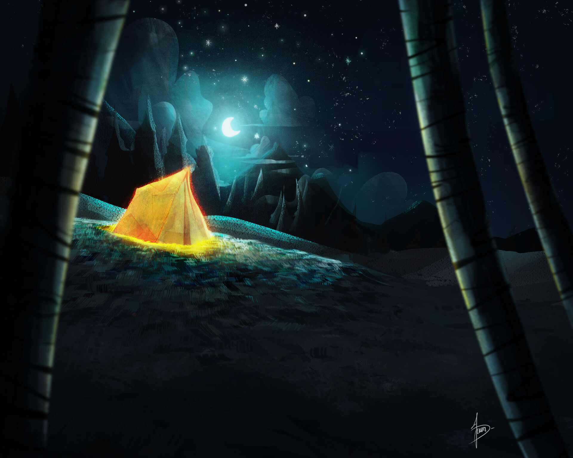 ArtStation - Camping and crescent moon