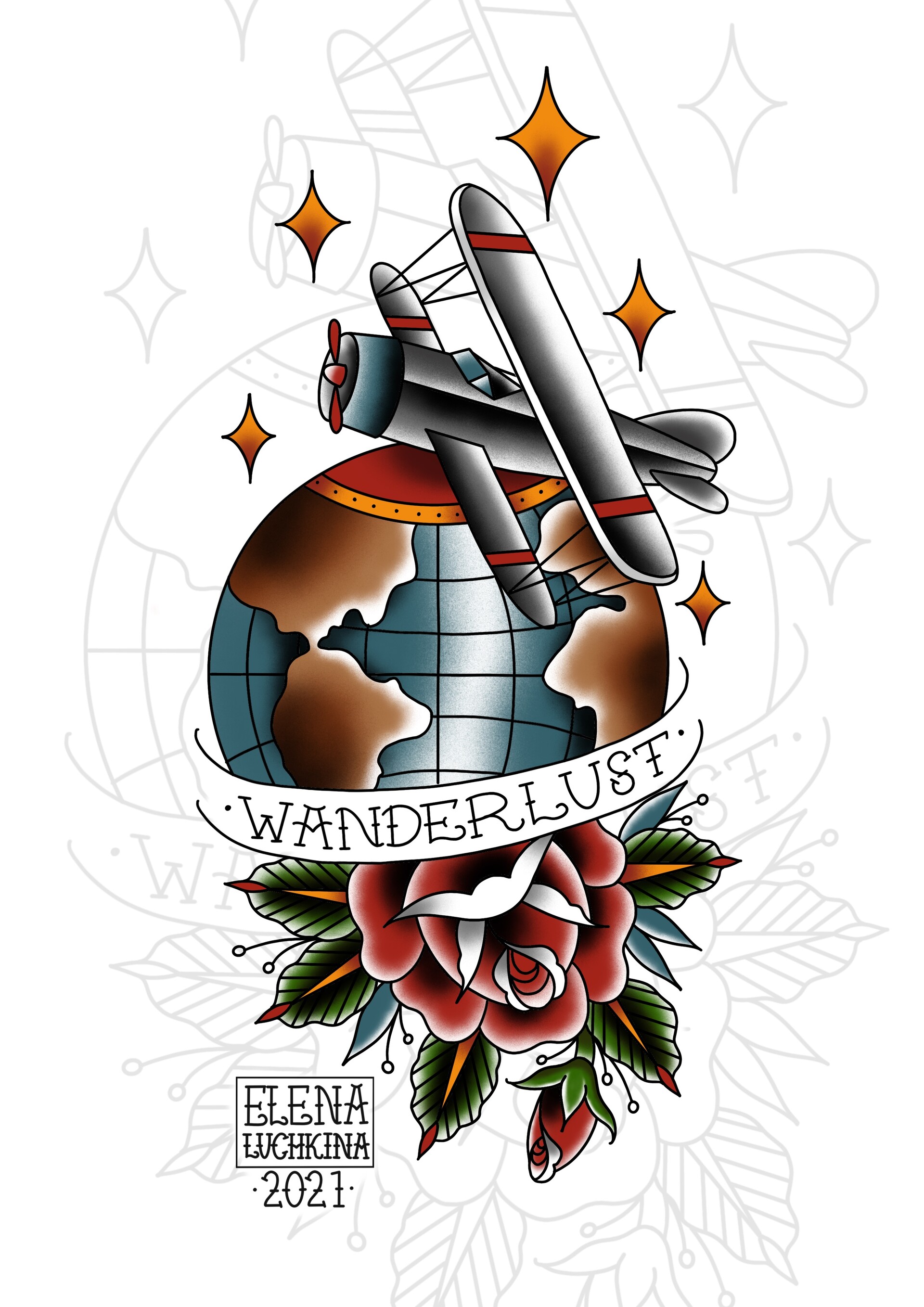 ArtStation - Old School Earth and plane tattoo design