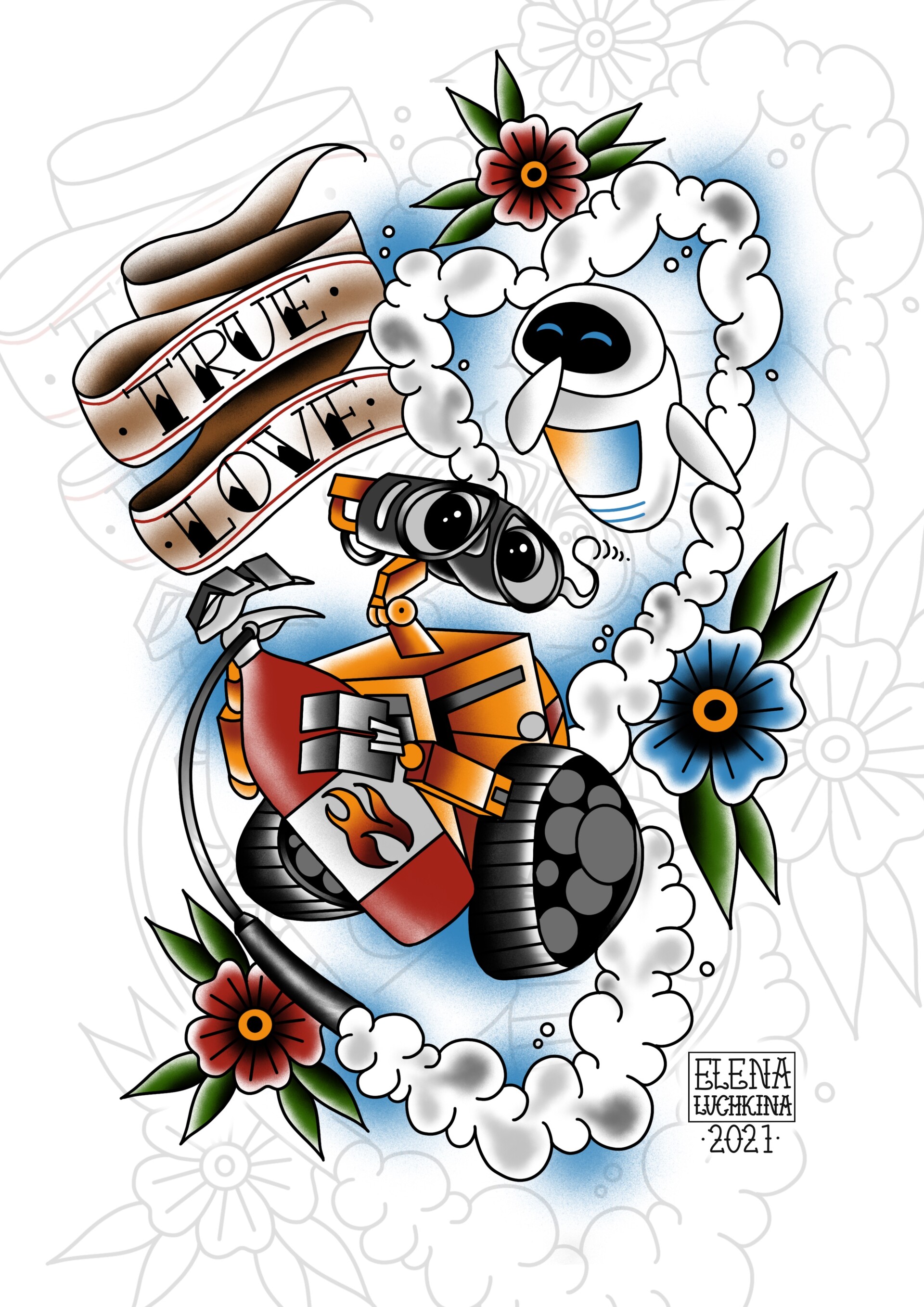 ArtStation - Old School Wall-e and Eve tattoo design
