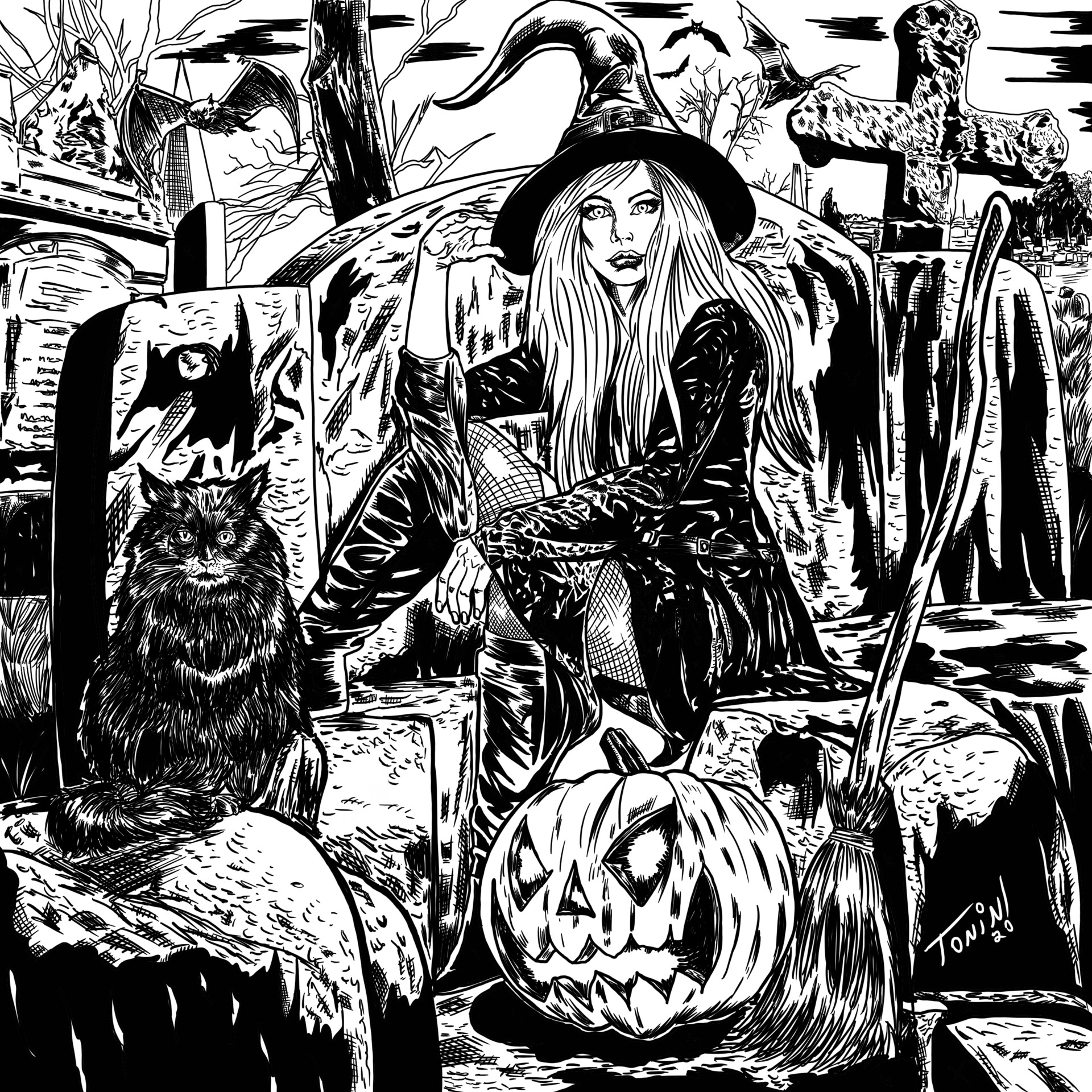 ArtStation - The witch, the cat and cemetery