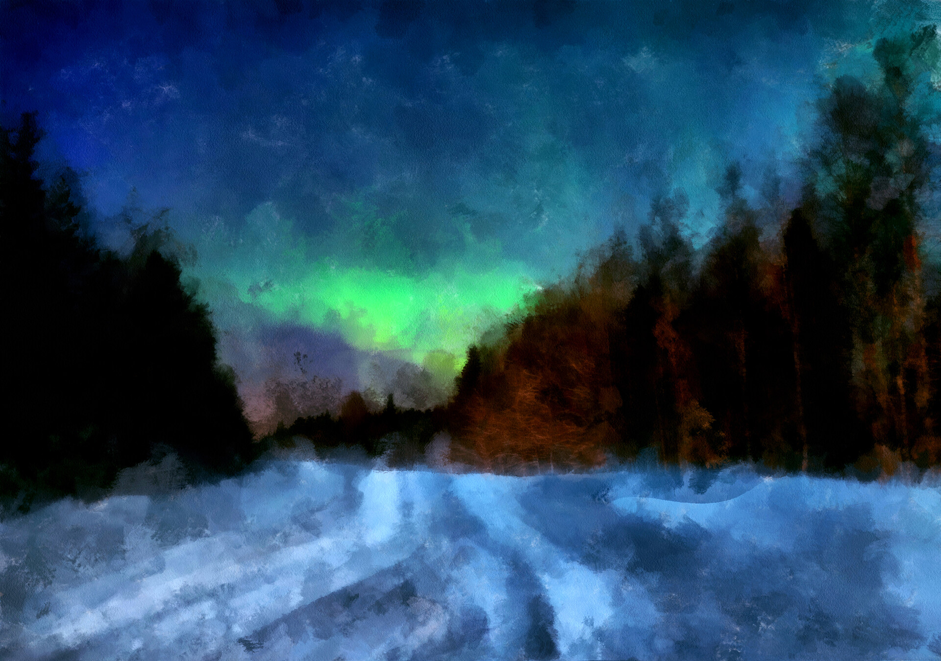 ArtStation - Polar lights in snow shine on a winter forest