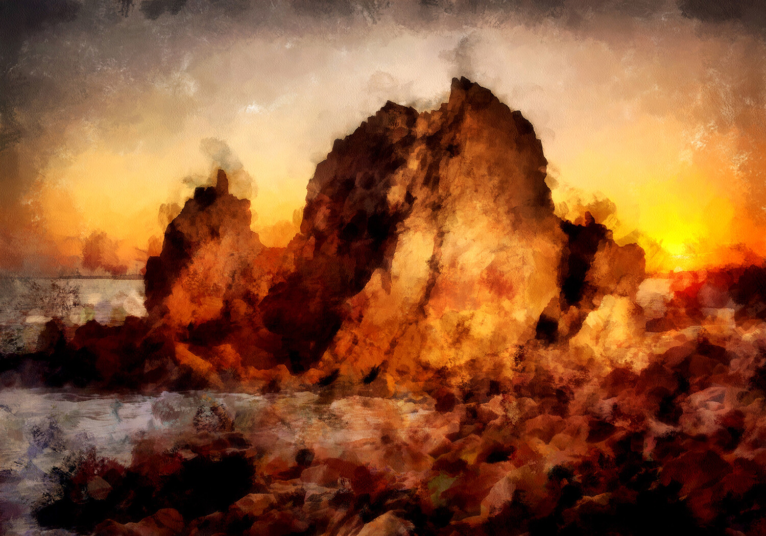 ArtStation - A red rock in the sunset by the sea
