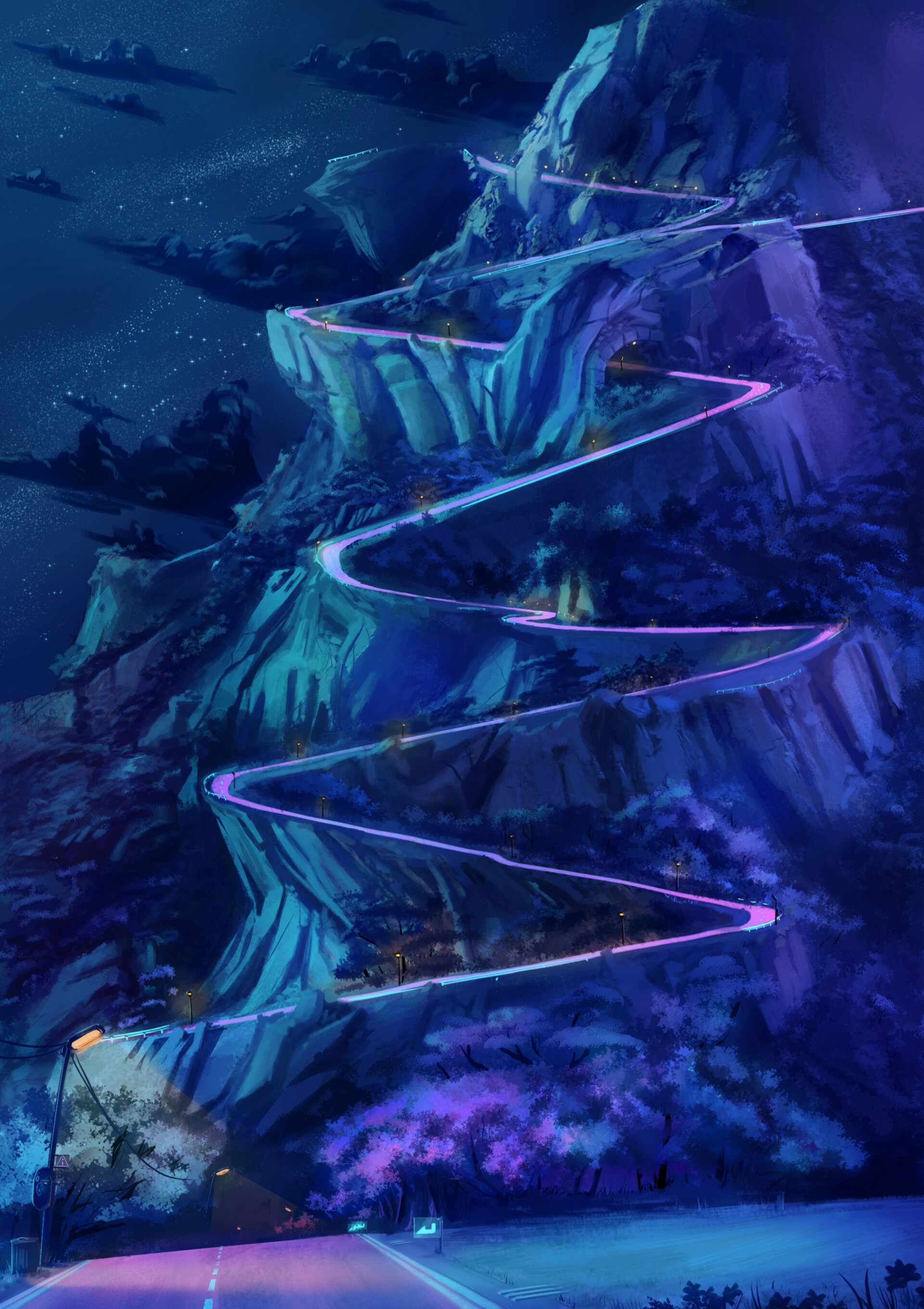 ArtStation - Mountain "Initial D" neon night