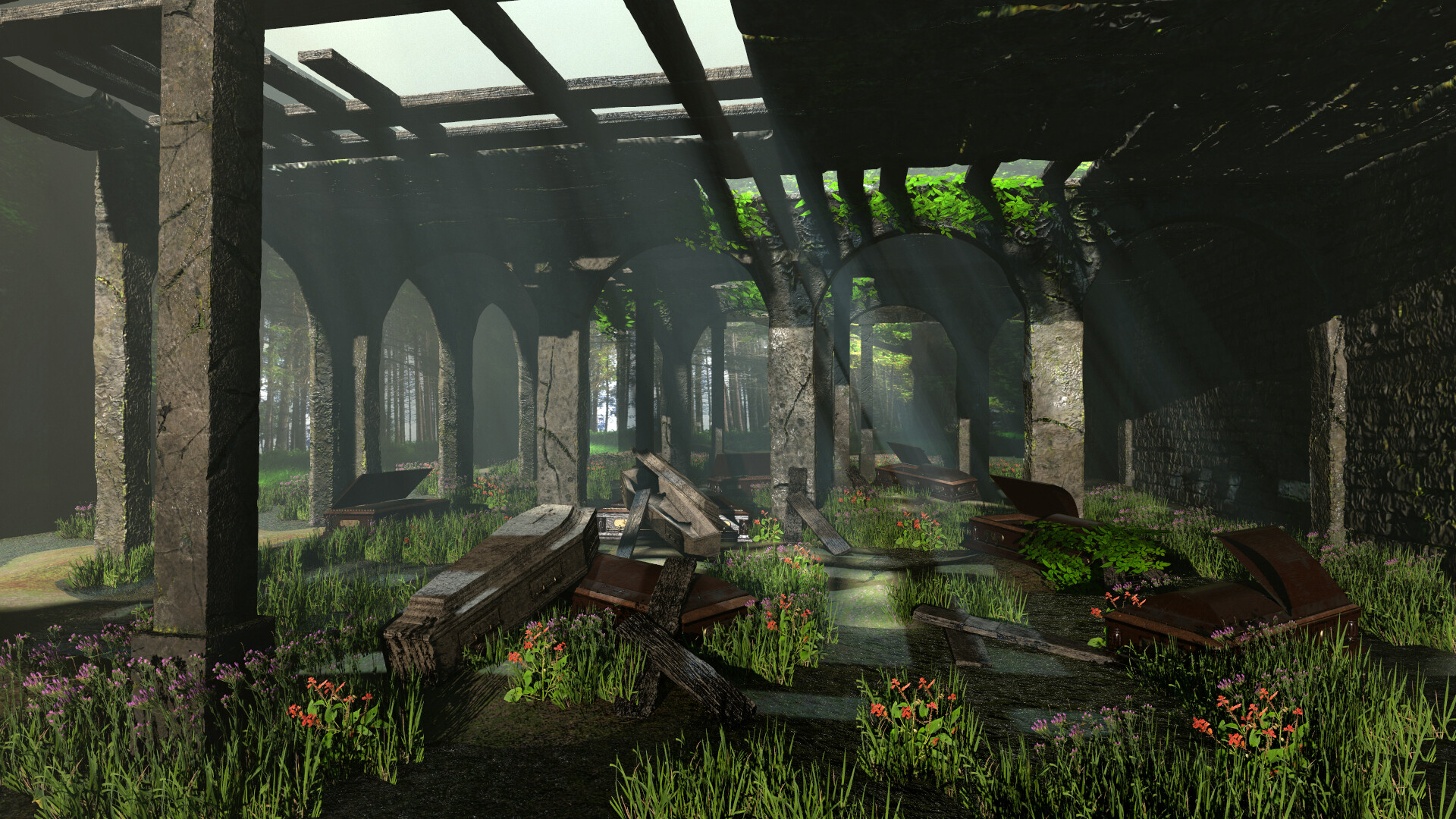 ArtStation - Secluded overgrown building in ruins with caffins