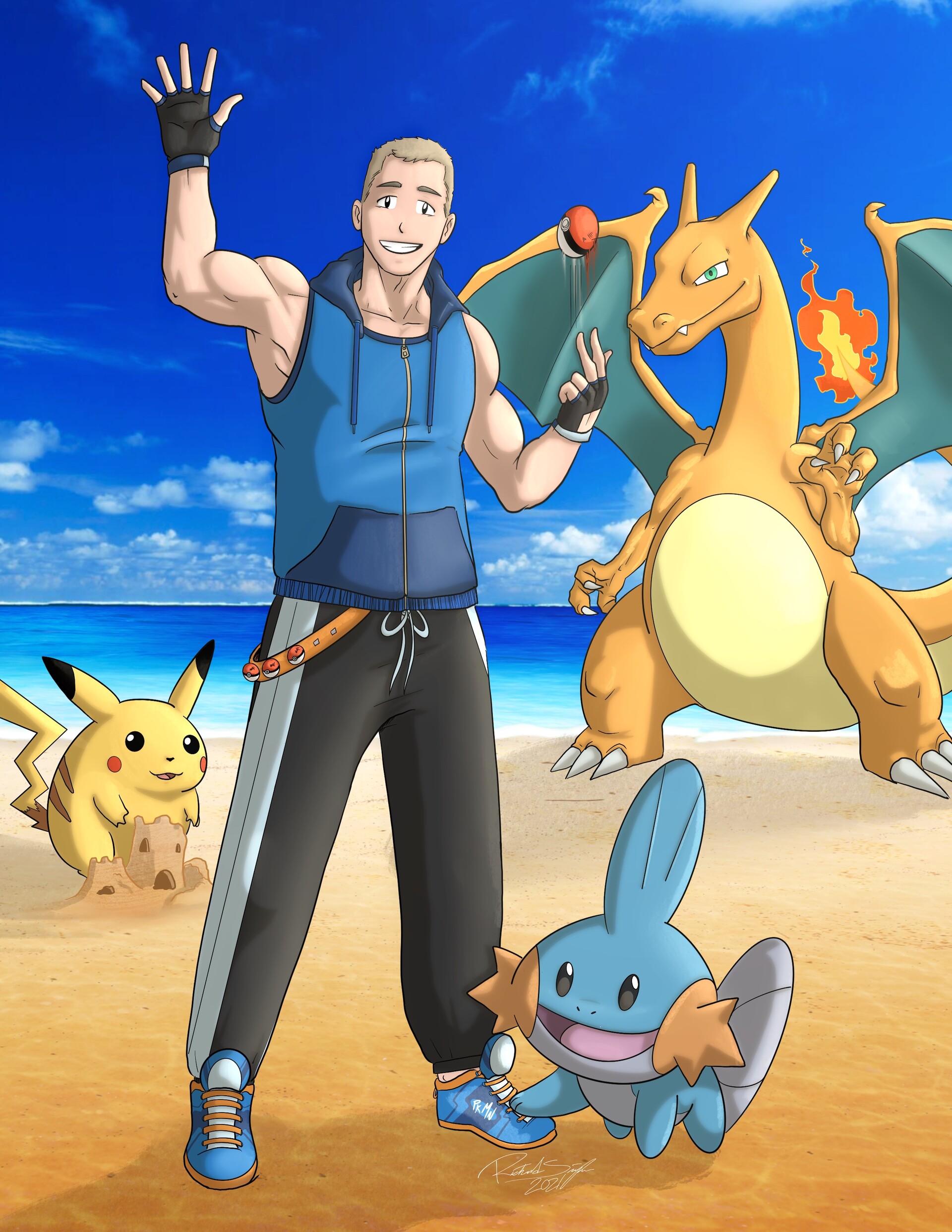 ArtStation - Pokemon trainer Athlete beach commission
