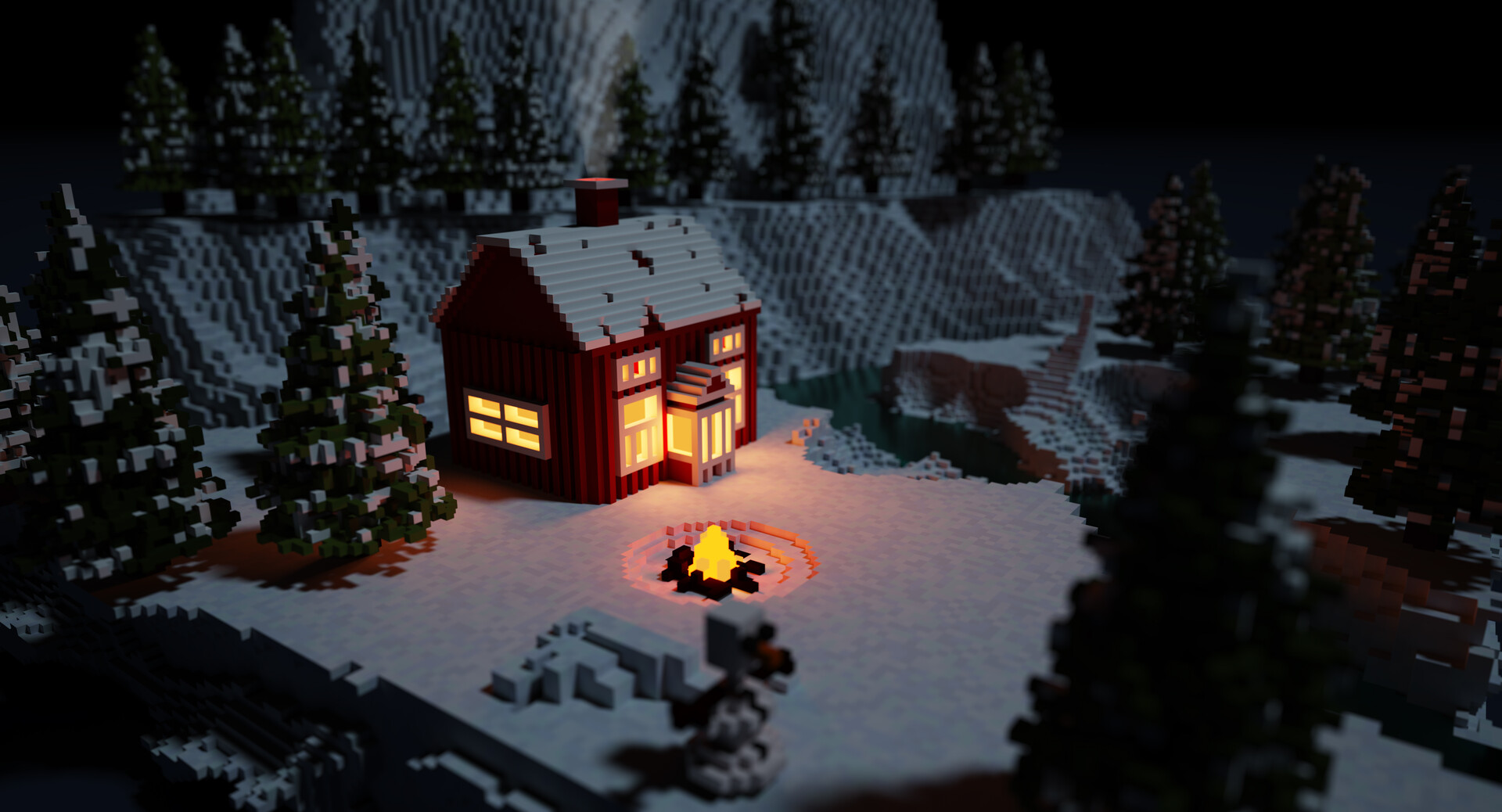 ArtStation - A House In The Snowy Mountain | Voxel Art
