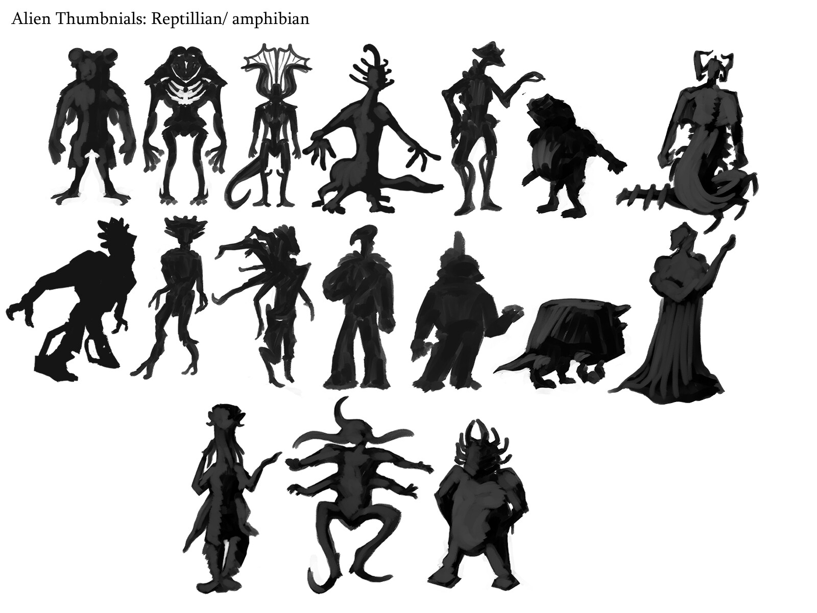 Bethany Key - Alien character design brief: Thumbnail silhouettes.