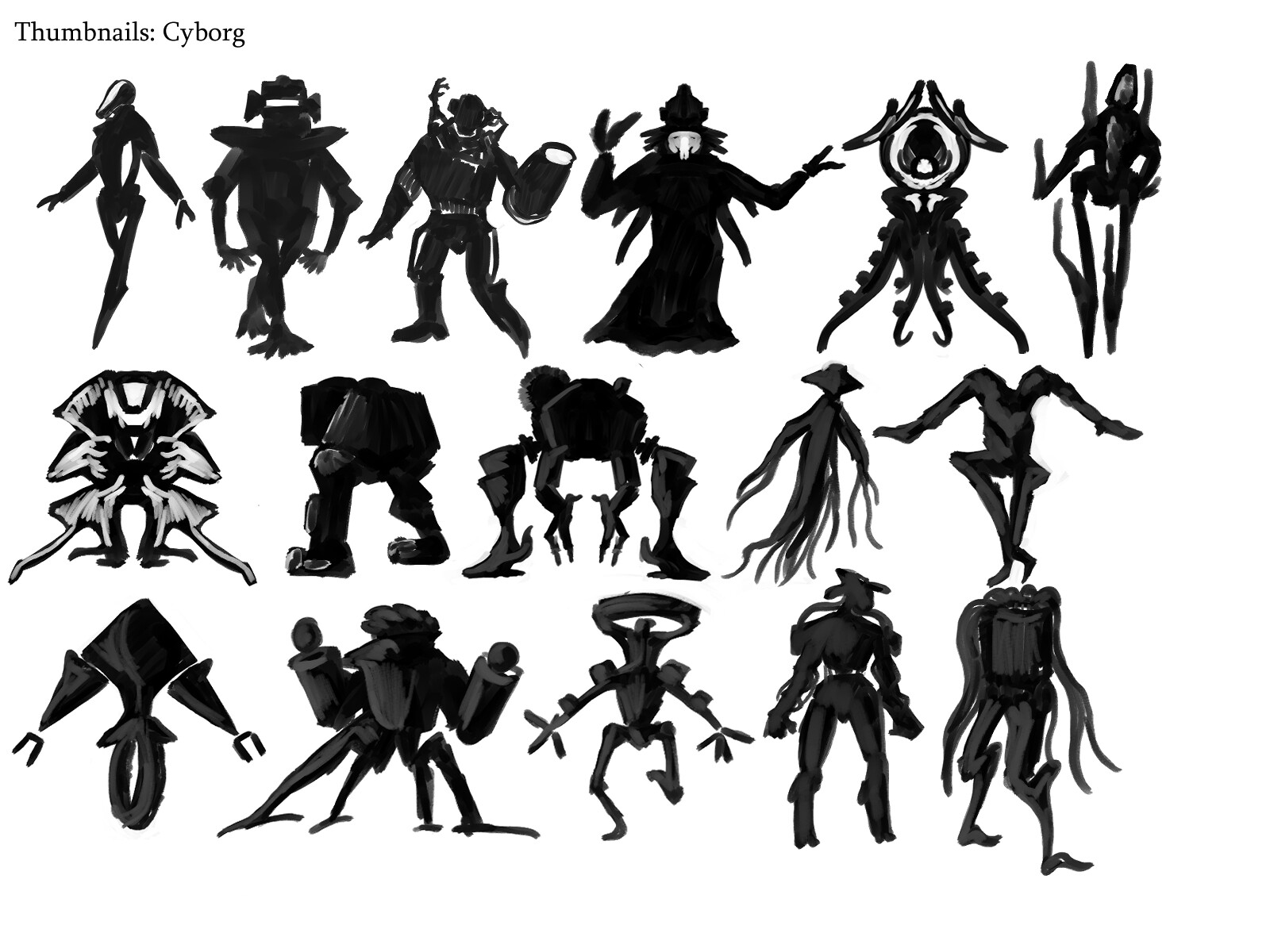 Bethany Key - Alien character design brief: Thumbnail silhouettes.