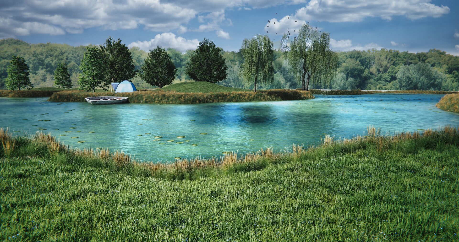 ArtStation - Camping with a tent near the pond (3d render)