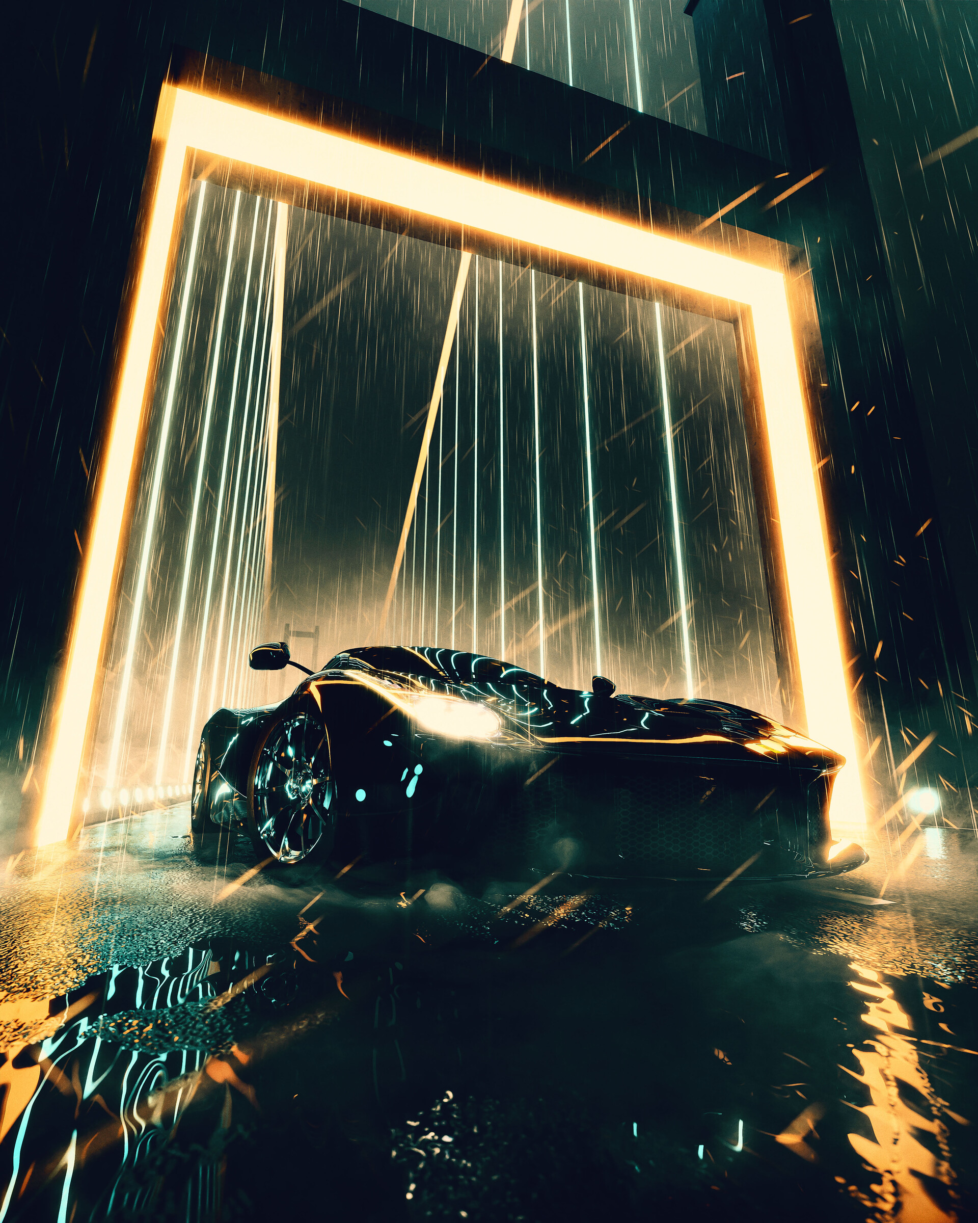 ArtStation - Black Ferrari on a Neon Bridge