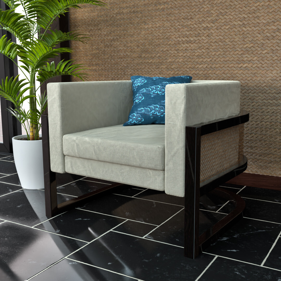 ArtStation - Julius Caned Armchair with Linen Viscose Print Cushion