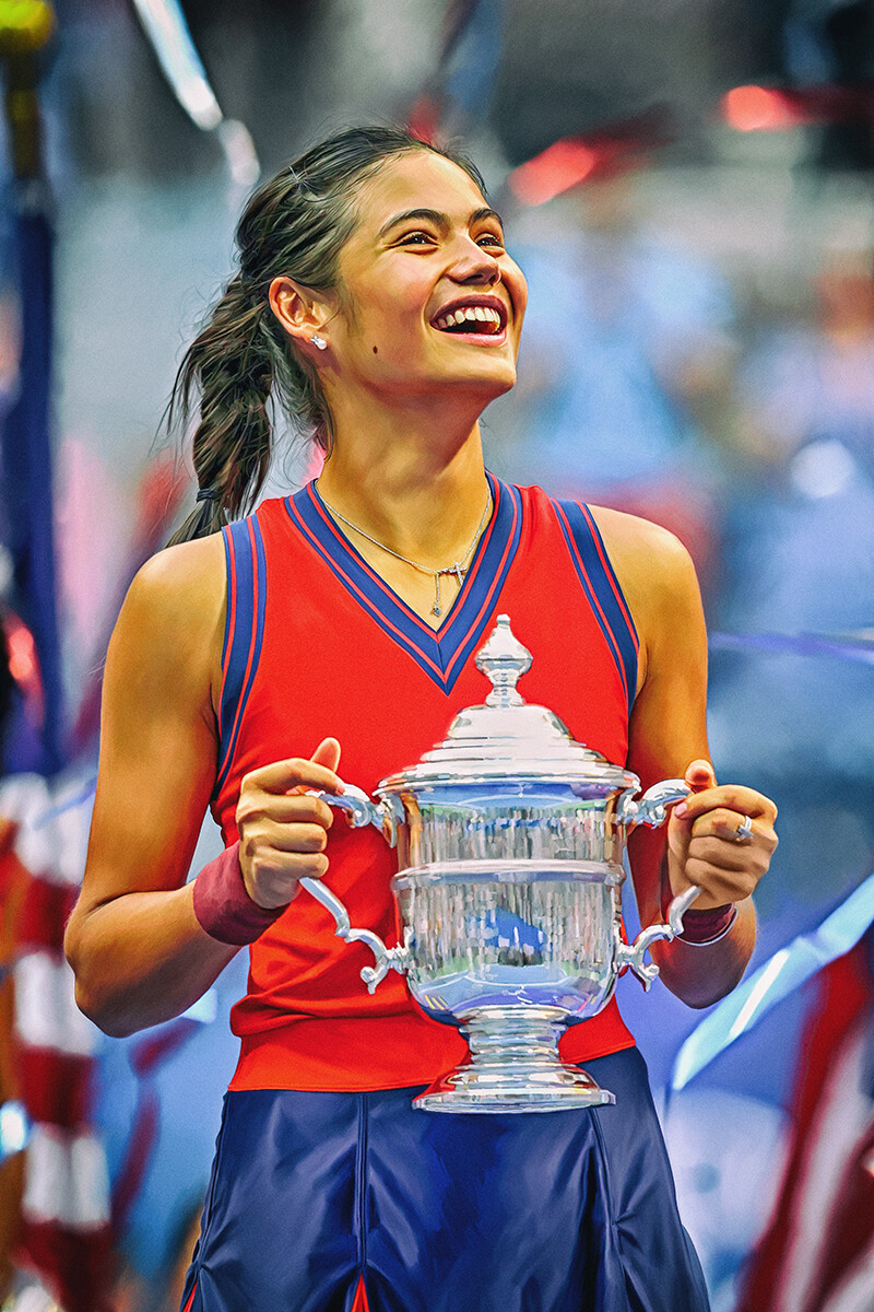 Sam Brannan - Emma Raducanu with US Open 2021 trophy. Digital artwork print poster. Tennis fan ...