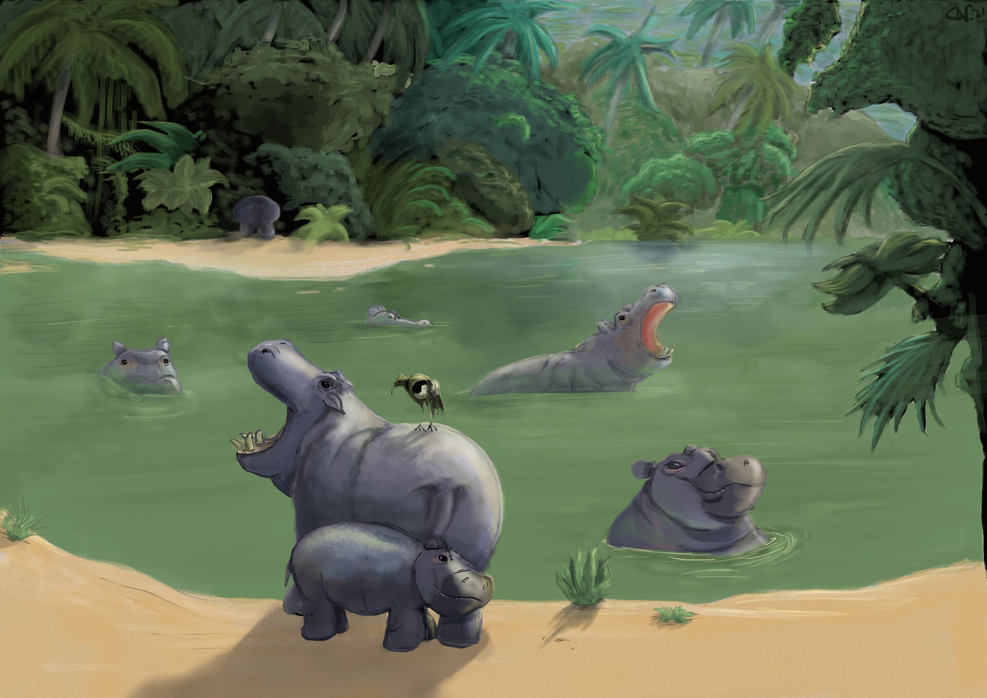 ArtStation - Hippo's by a jungle river