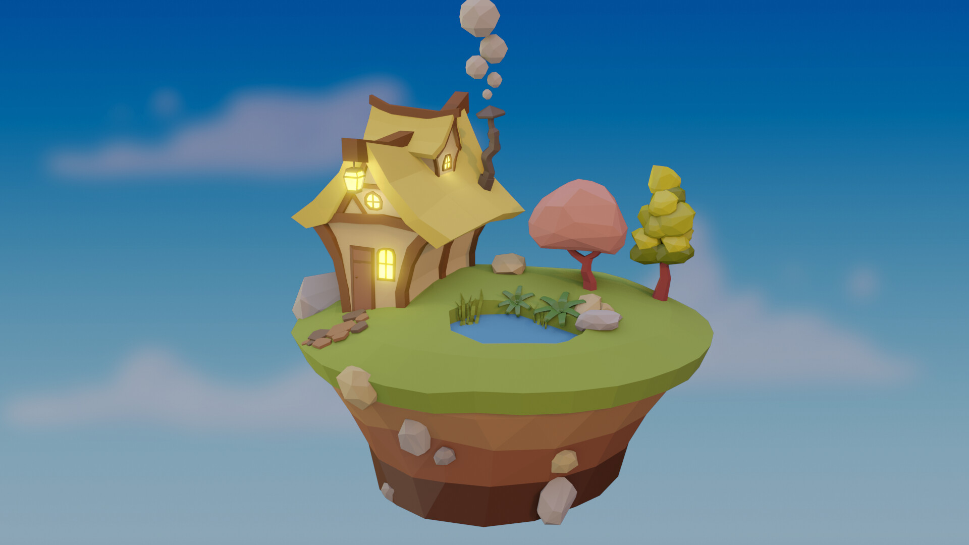 ArtStation - Low poly landscape with a house, trees and pond.