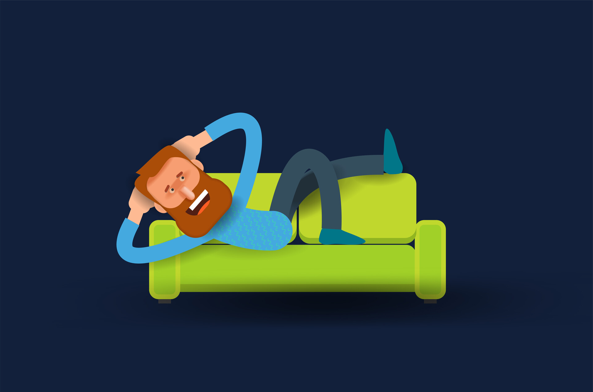 ArtStation - A father with a beard is lazily lying on a green sofa