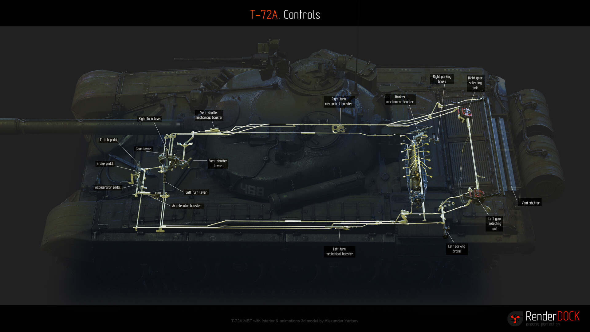RenderDock - Full interior T-72A main battle tank. Low poly