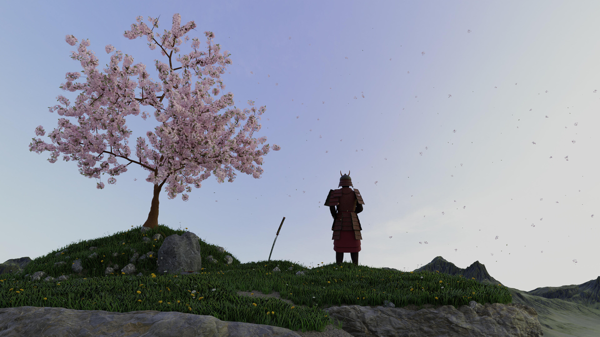 ArtStation - Red samurai with cherry tree