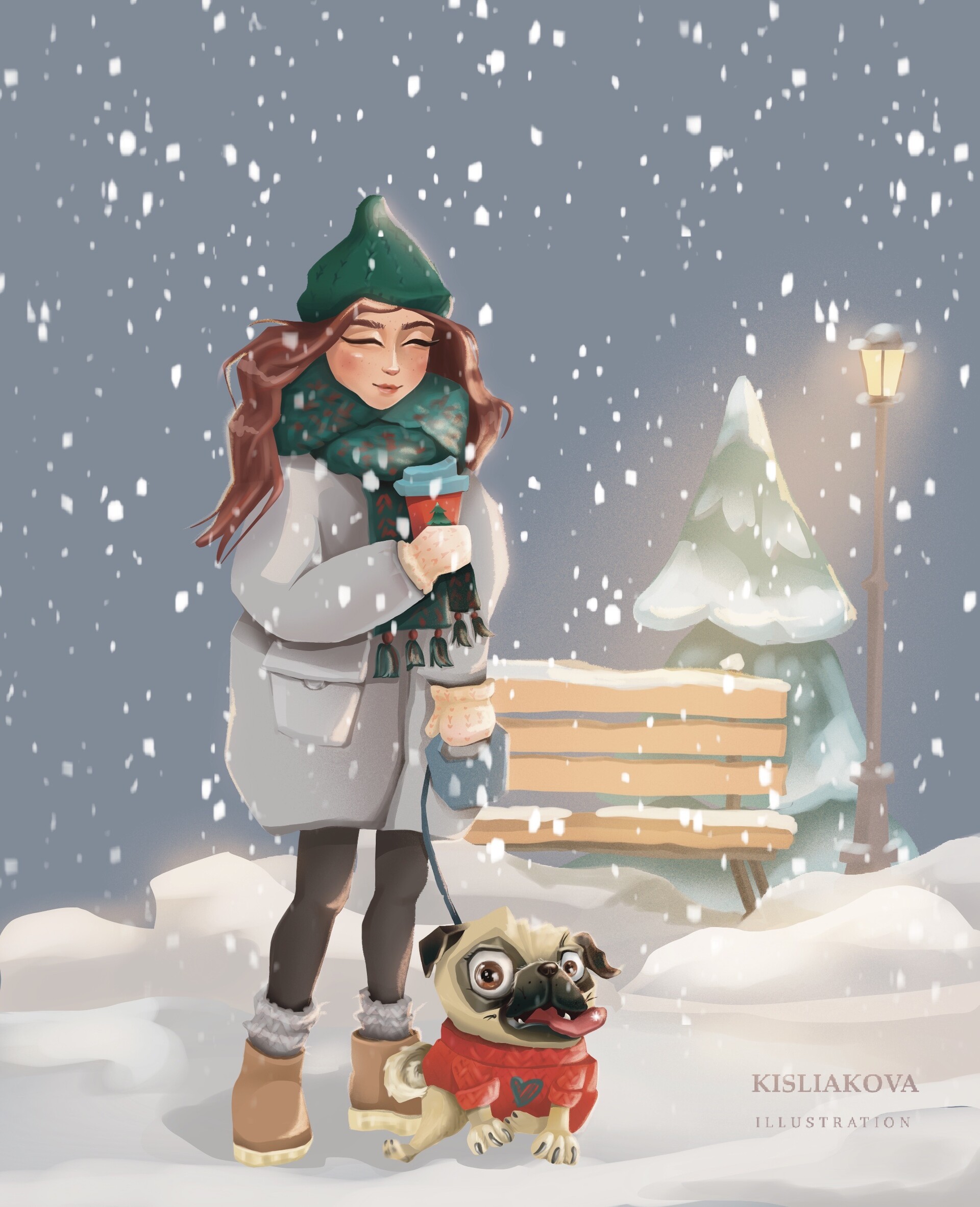 ArtStation - Pug winter life ️
