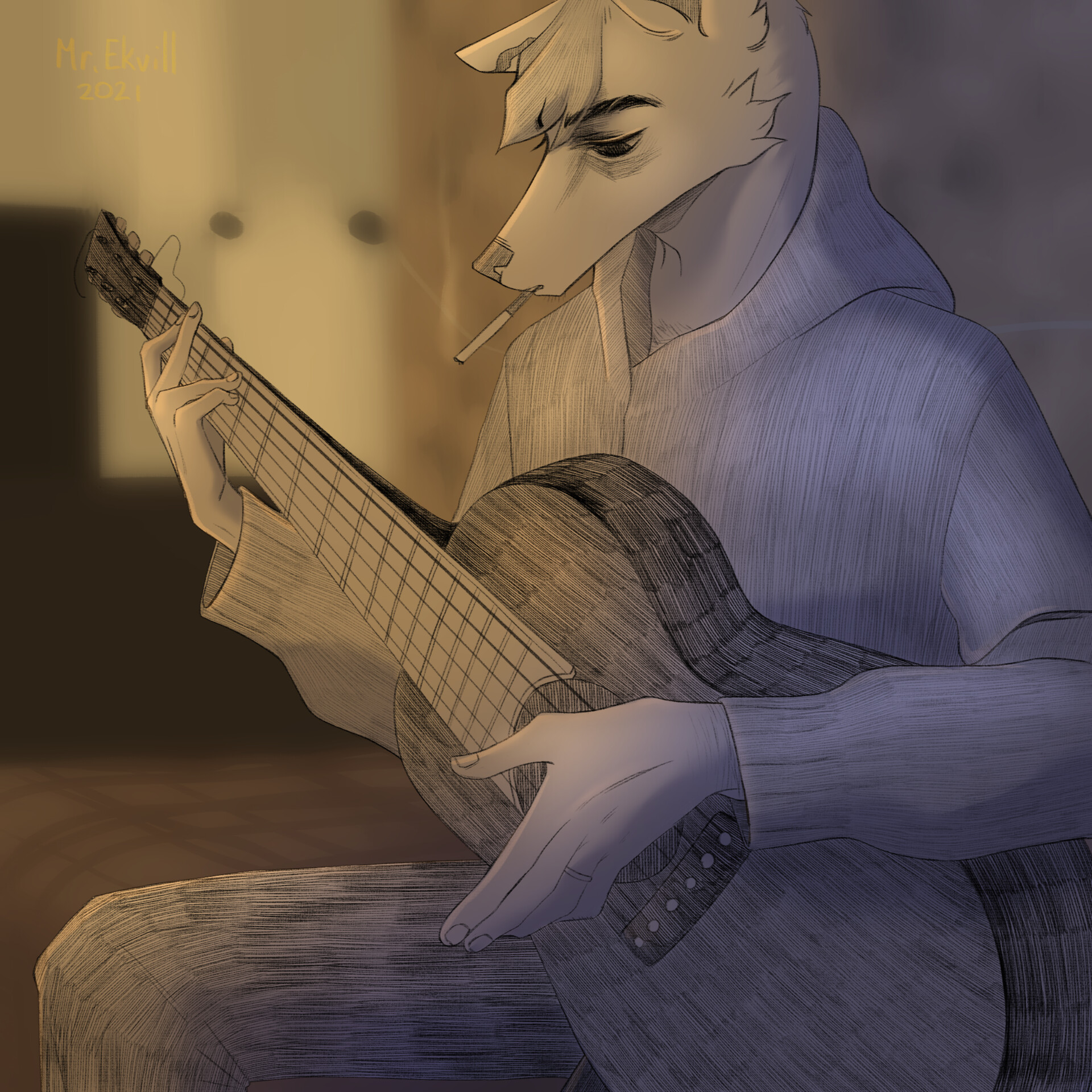 wolf playing guitar