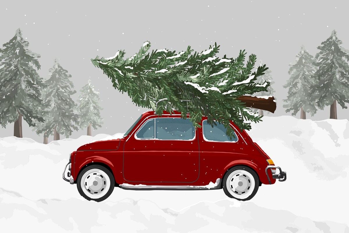 ArtStation - Classic red car hauling Christmas tree vector
