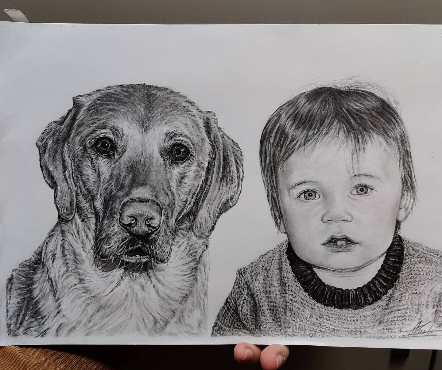 ArtStation - dog and child pencil portrait commission
