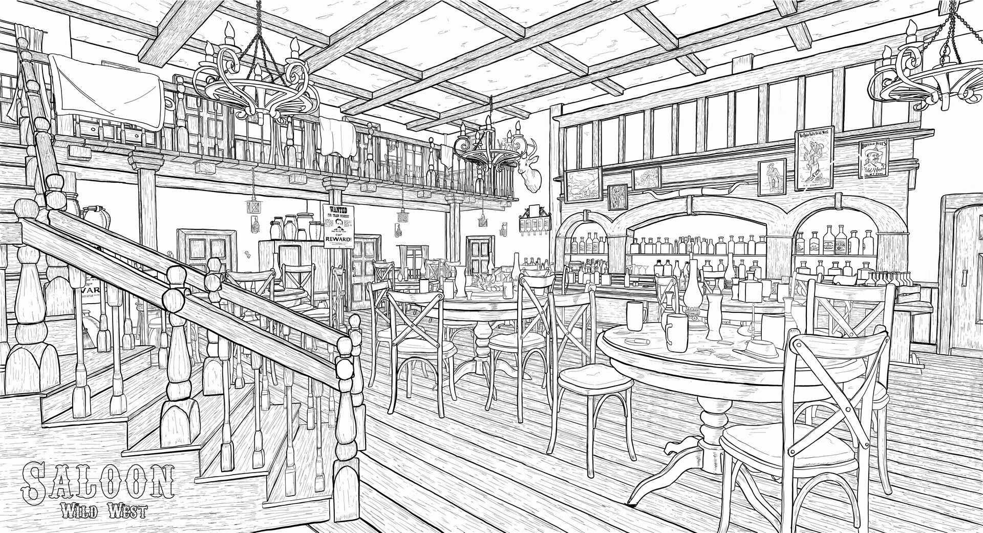 Western Saloon Landscape Drawing