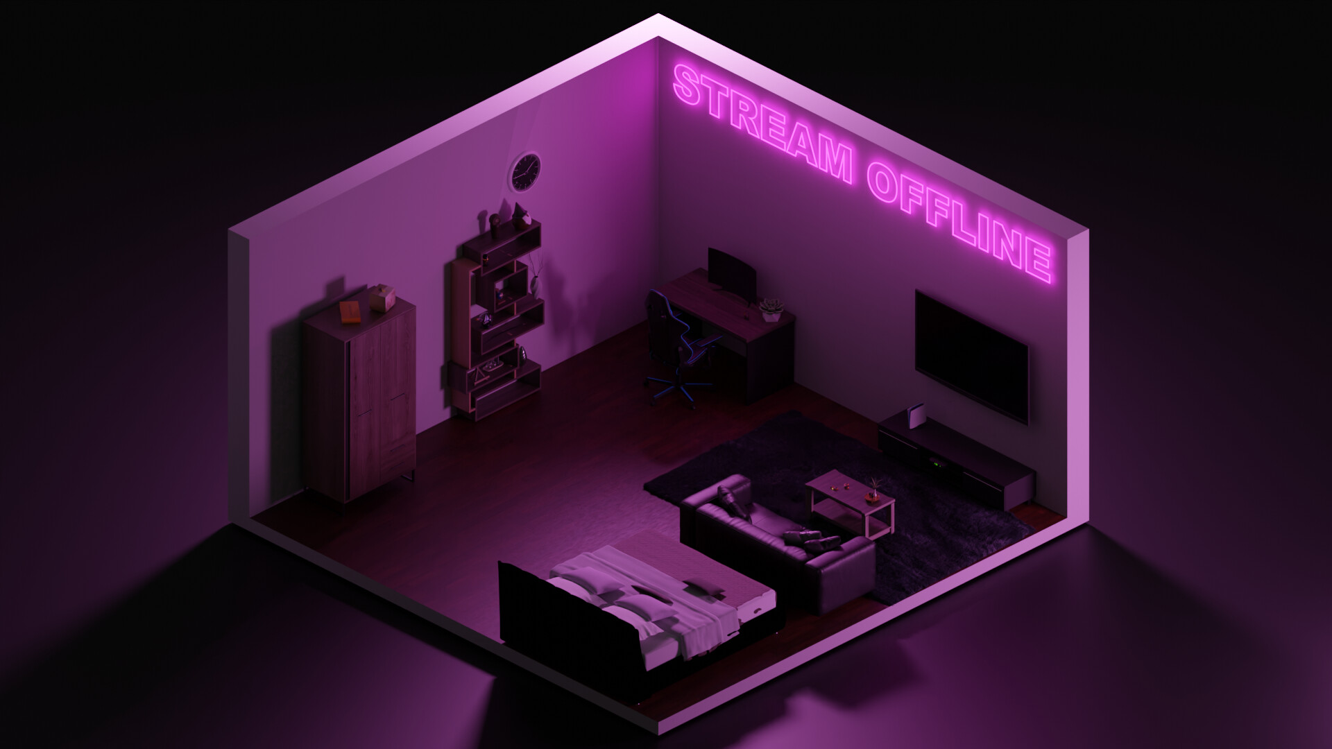 ArtStation - Isometric Room - Neon sign stream offline.