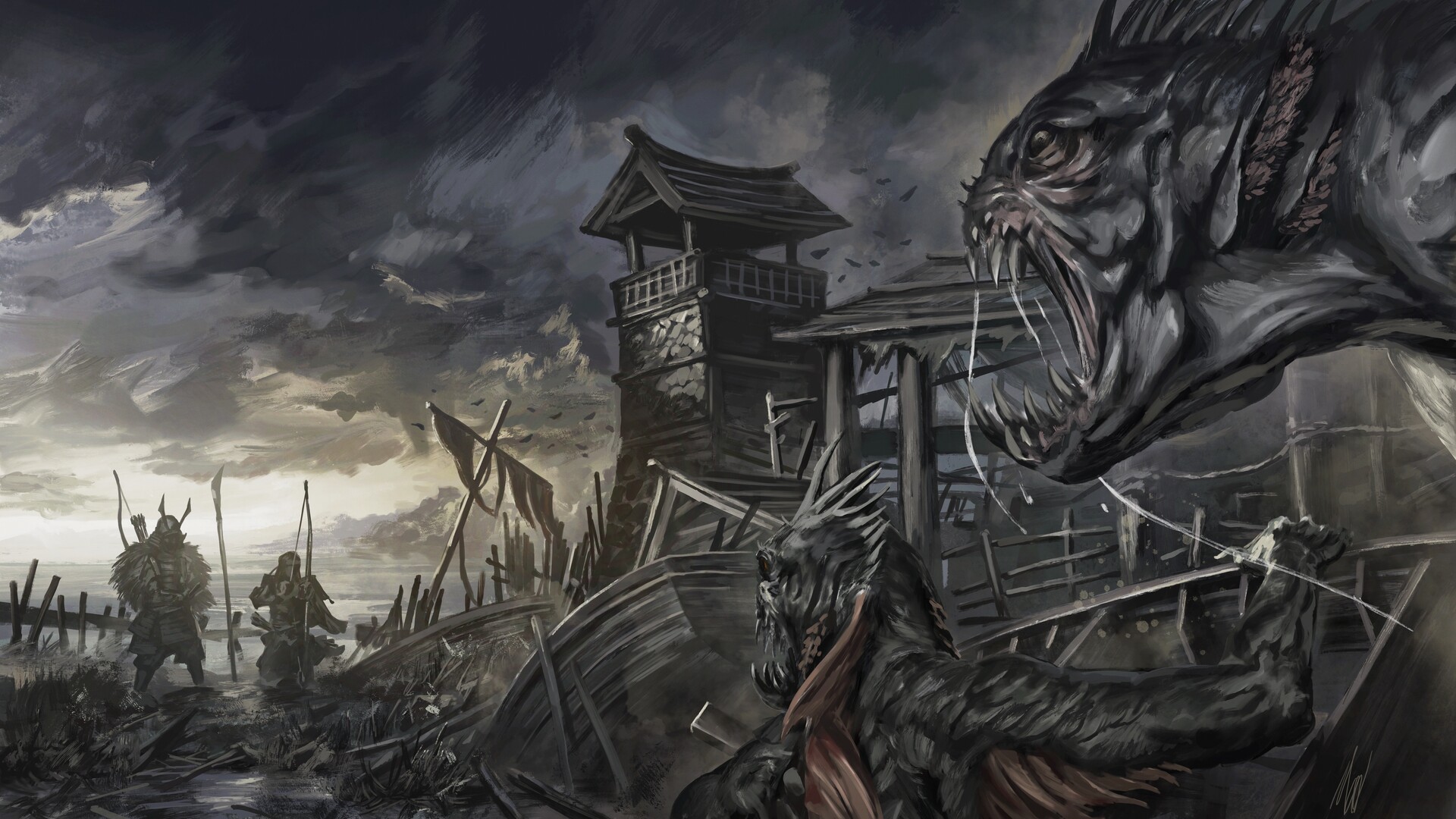 ArtStation - Fear of old fishing villages, samurai concept