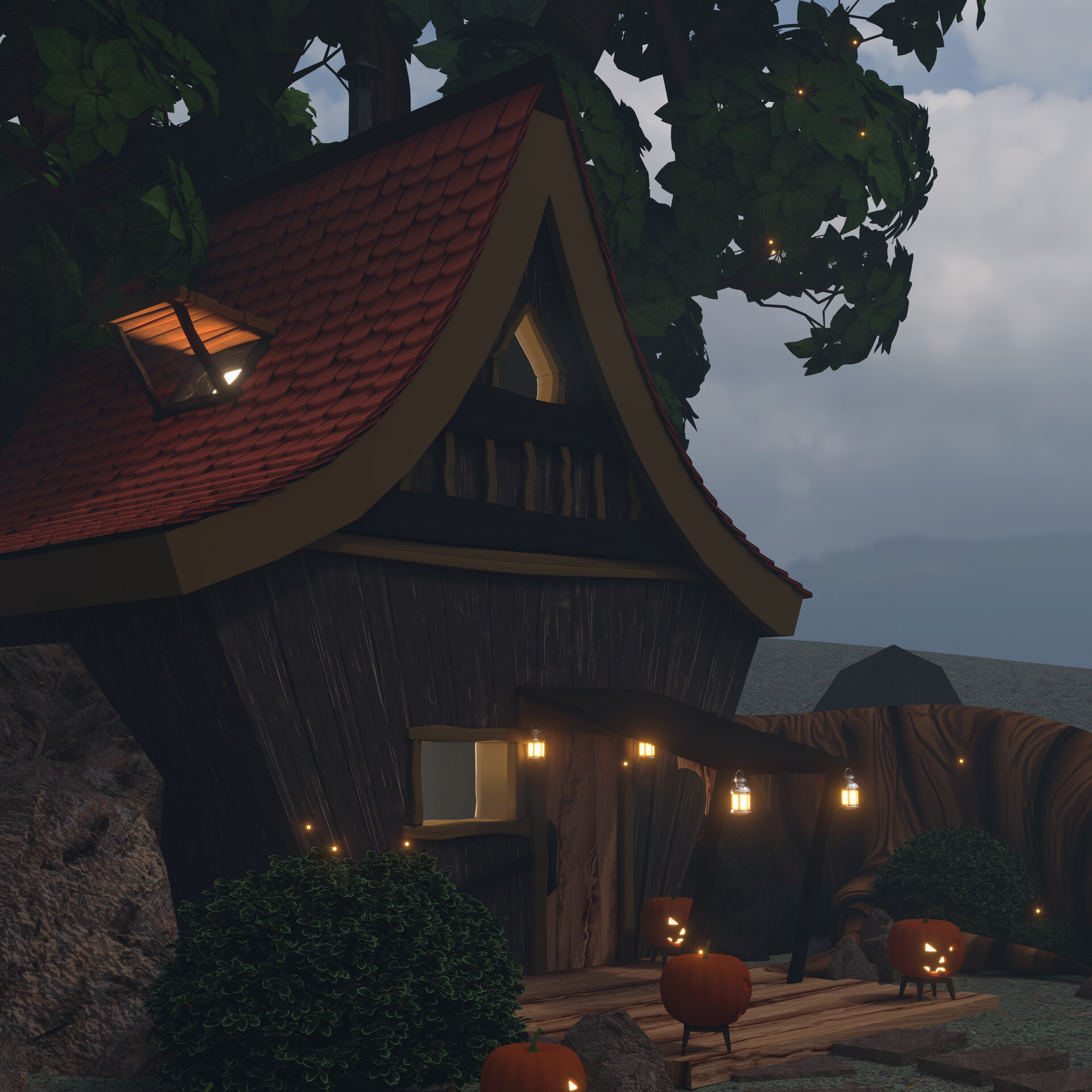 ArtStation - Exterior_Scene_With_a_Mini hut_under_a_Tree