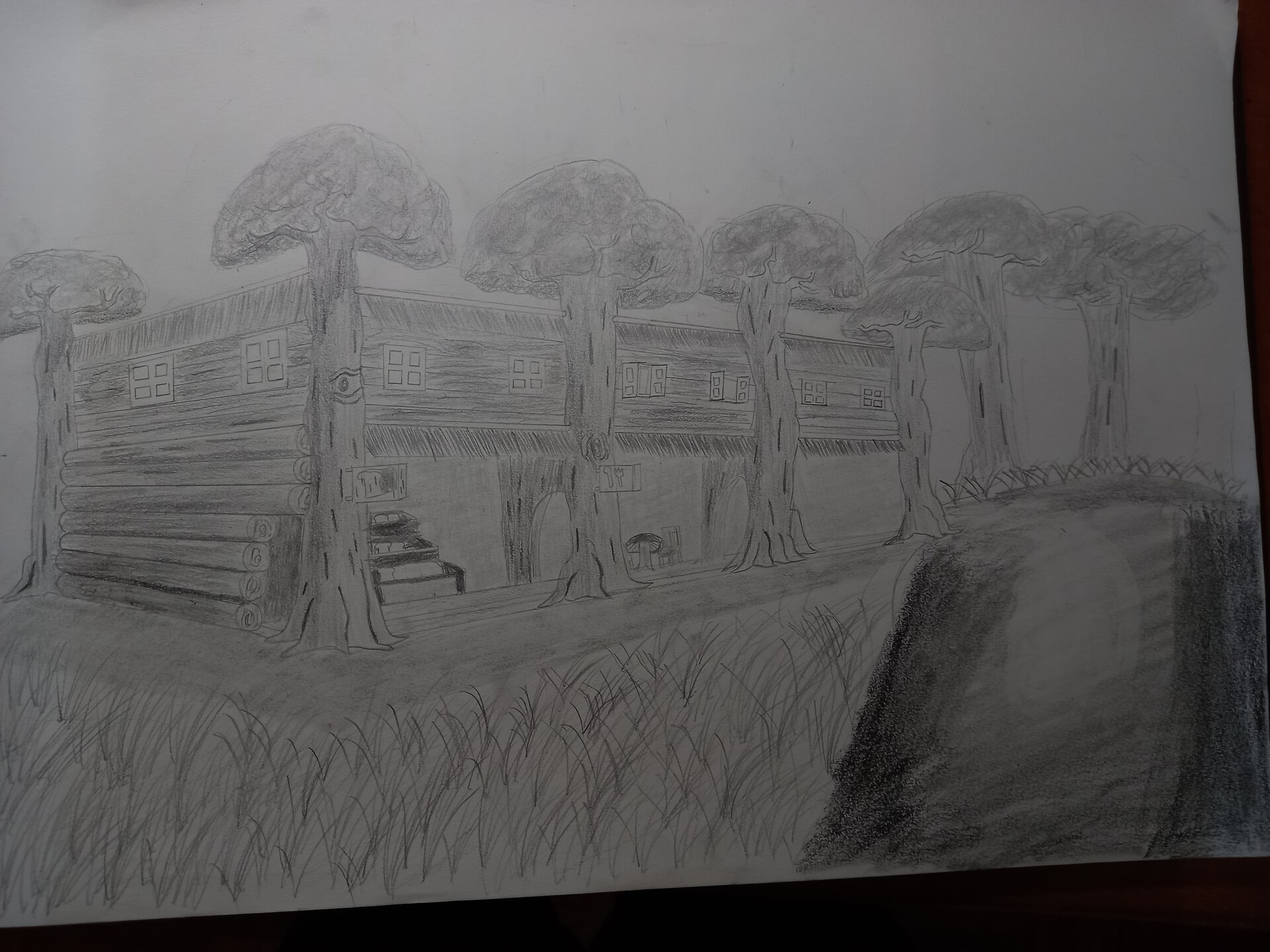 ArtStation - perspective drawing of a forest shophouse