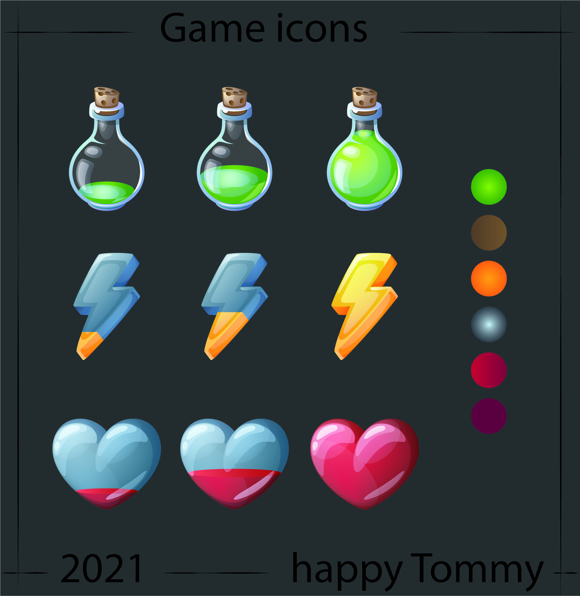 ArtStation - Game icons of heart, lightning and potion bottle