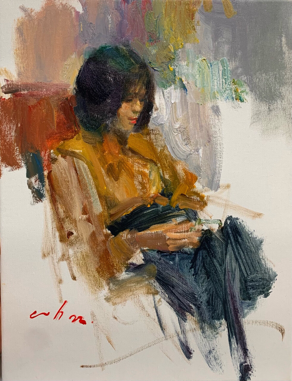 ArtStation - A girl playing on her phone. oil painting 6F