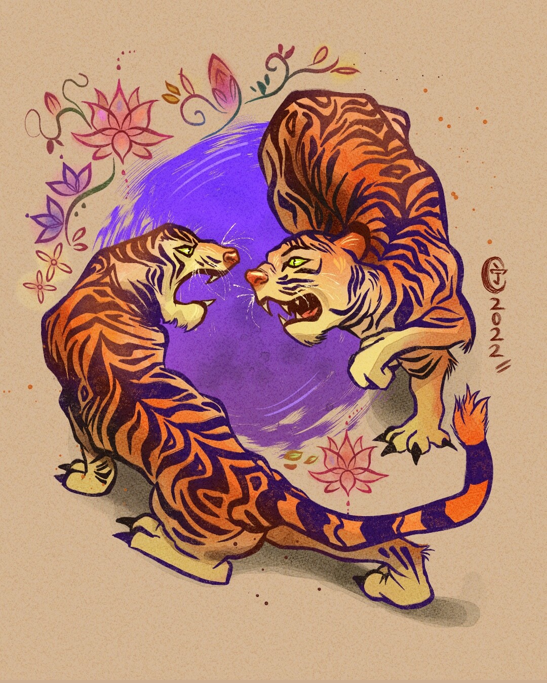 ArtStation - 2 Tigers on the hill and lotus tiger.