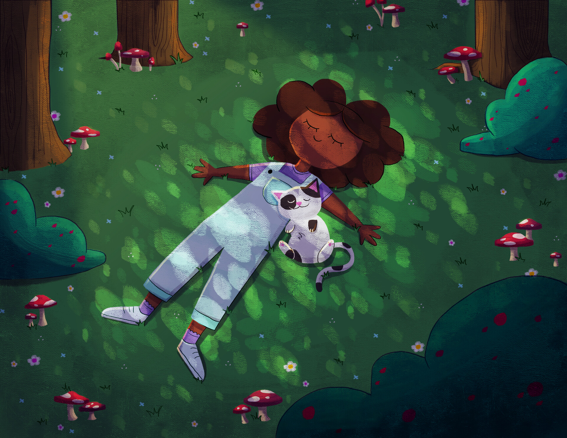 ArtStation - Girl and her cat in the forest